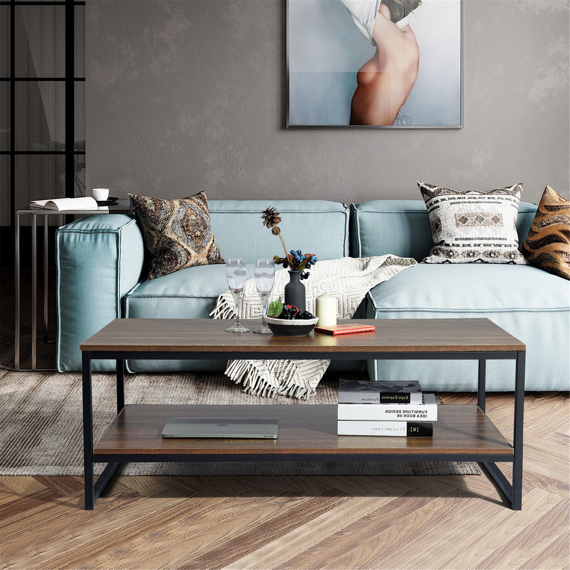 FurnitureR Simplistic Coffee Table Rectangular Accent Table With Two ...