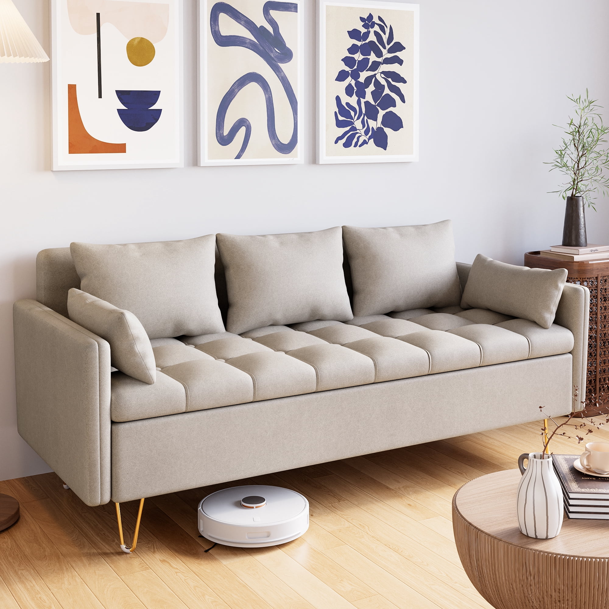 Leeten 3 Seats Sofa with 5 Pillows Set for Living Room, Lift-Up Faux ...