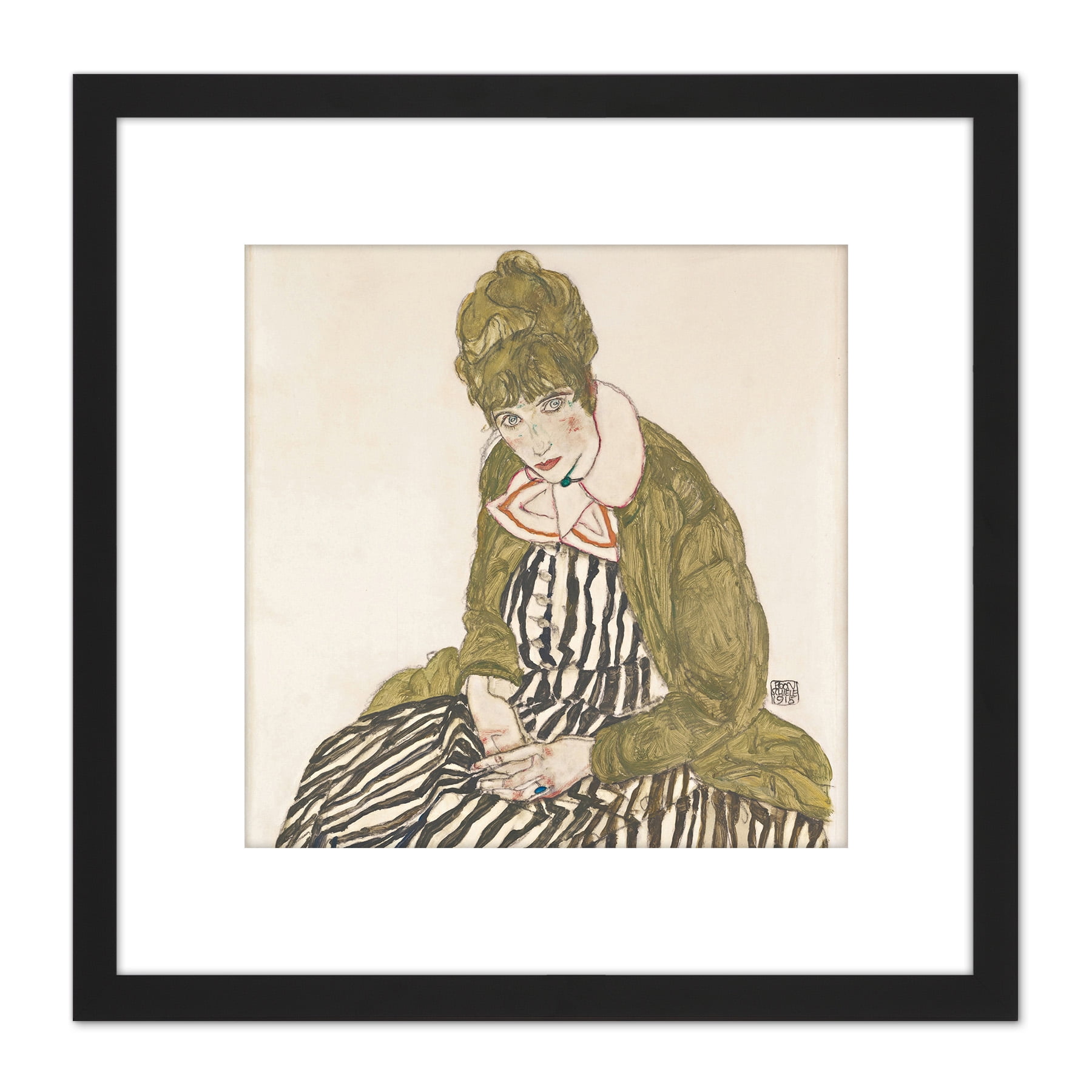 Egon Schiele Edith With Striped Dress Sitting 8X8 Inch Square Wooden ...