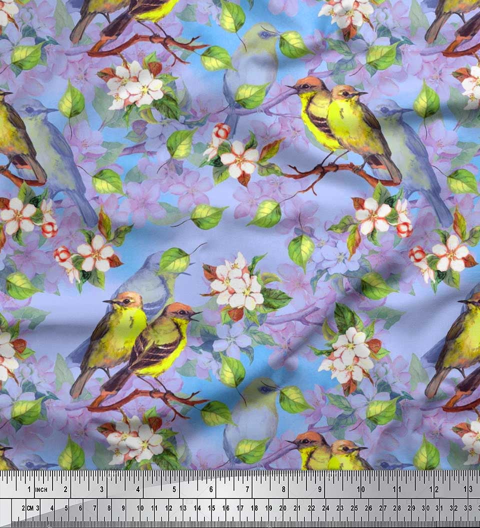 Soimoi Blue Cotton Duck Fabric Leaves,Peach Floral & American Robin ...