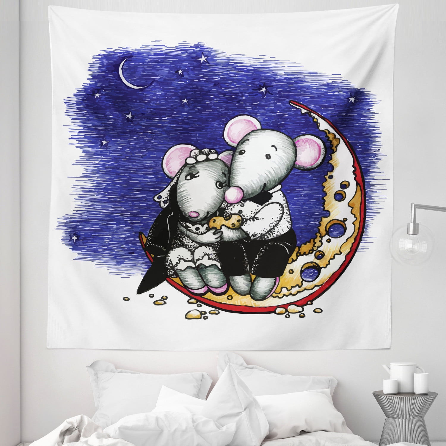 Mouse Tapestry, Mouse Couple Sitting on the Cheese Flavoured Moon Bride ...