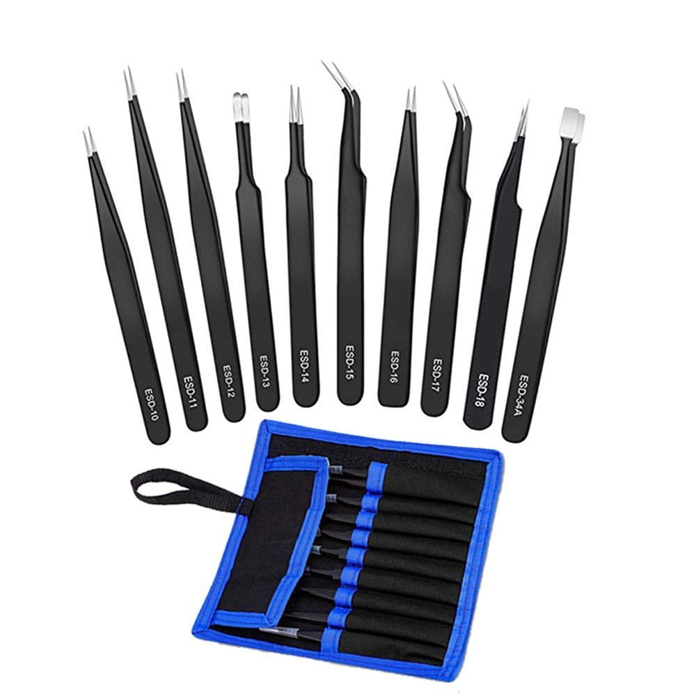 TekDeals 10Pcs ESD Anti-static Tweezers Set Maintenance Repair ...