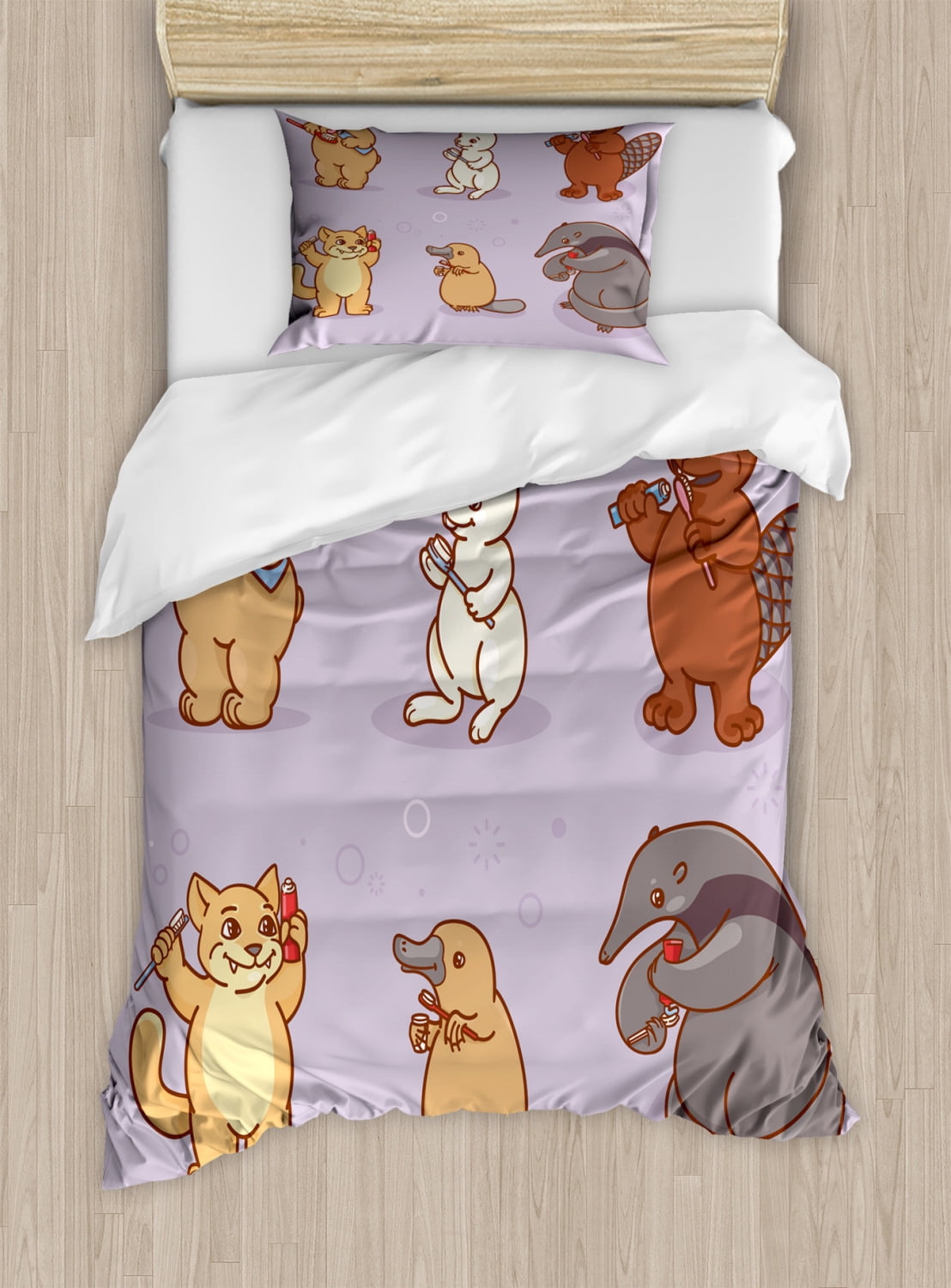 Animals Duvet Cover Set Twin Size, Ant Eater Hare Beaver and Cat ...
