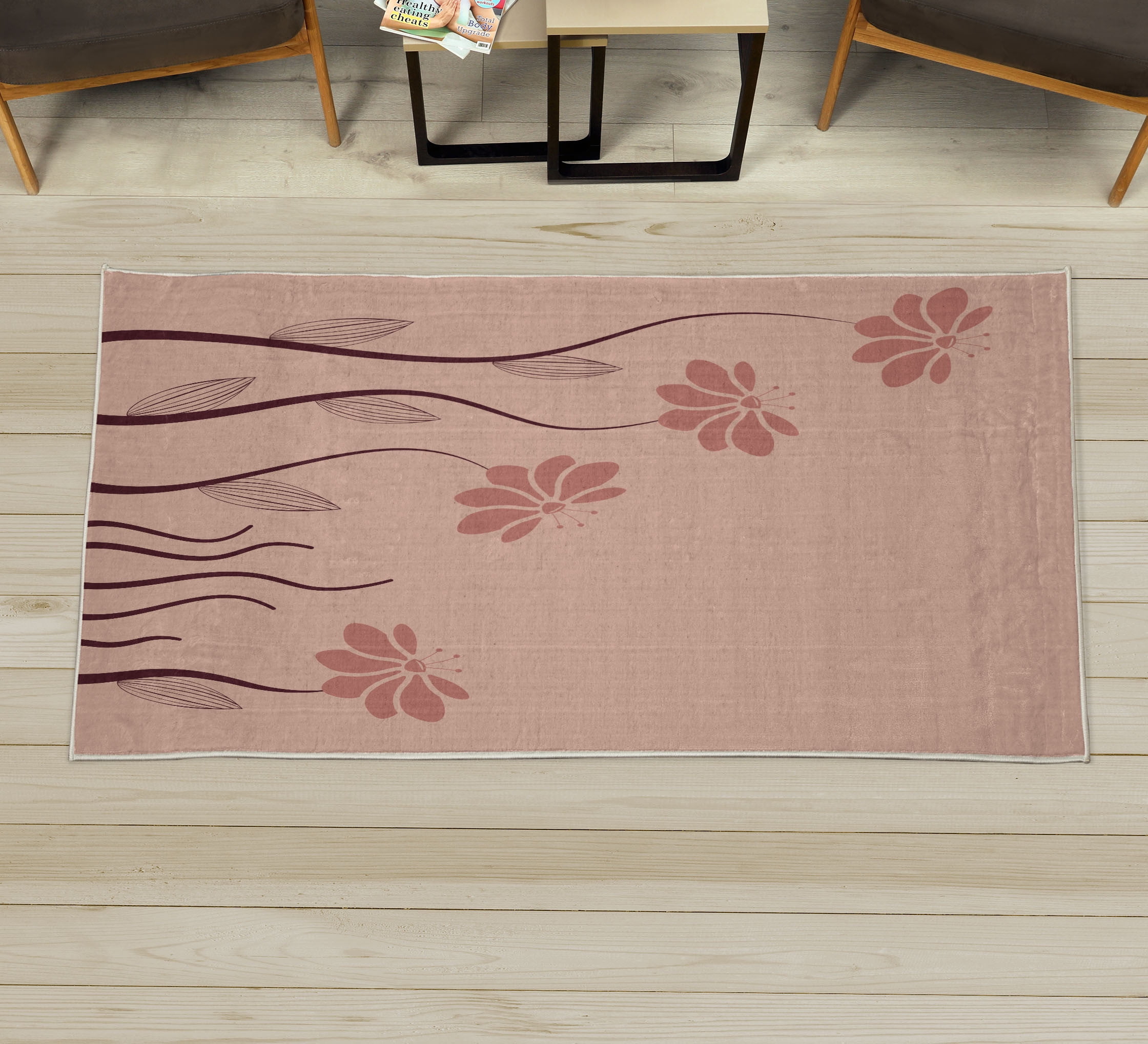 Flower Decorative Rug, Floral Petals with Striped Leaves and Lines ...