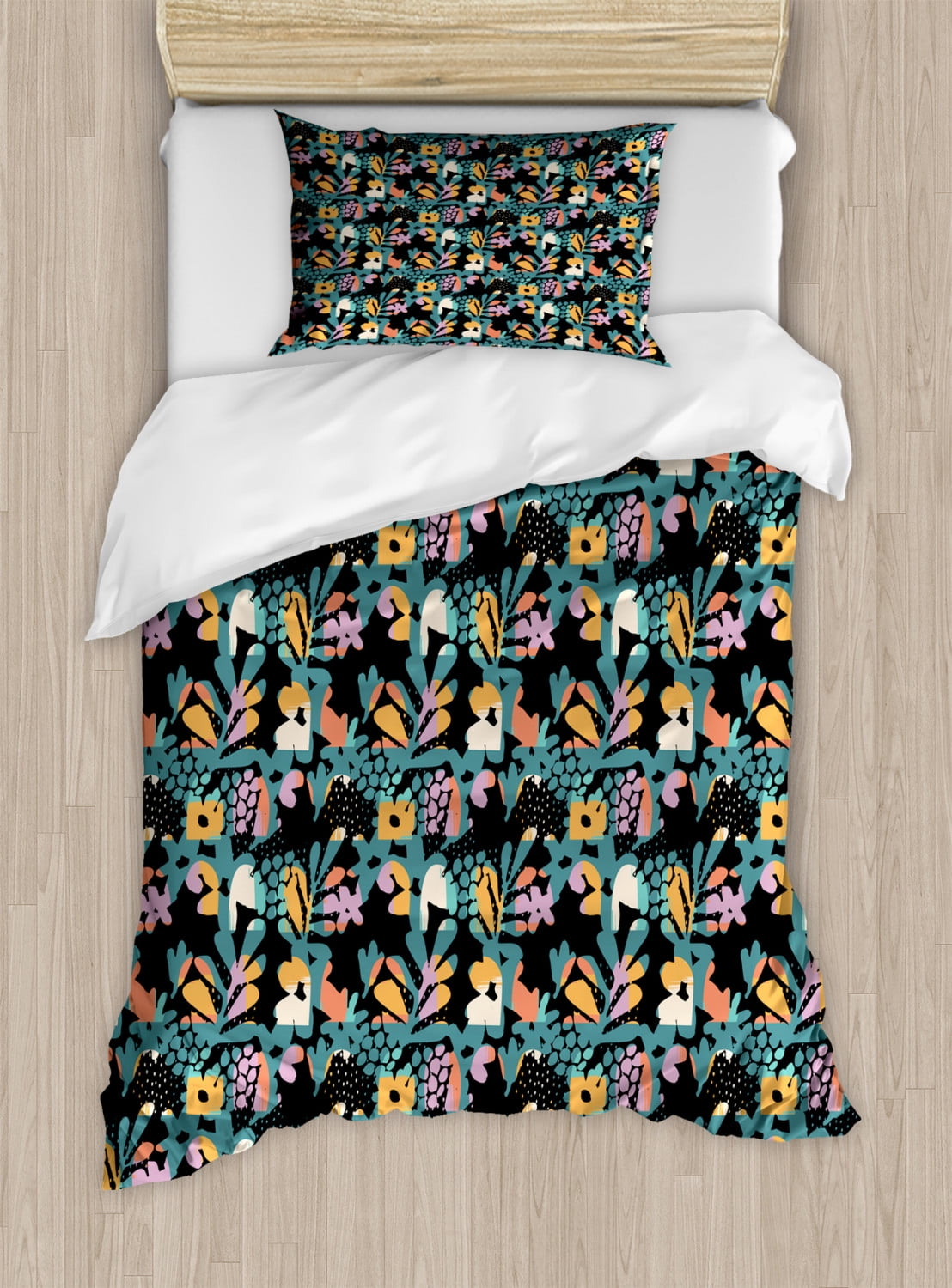 Abstract Duvet Cover Set Twin Size, Hand Drawn Illustration of Leaves ...