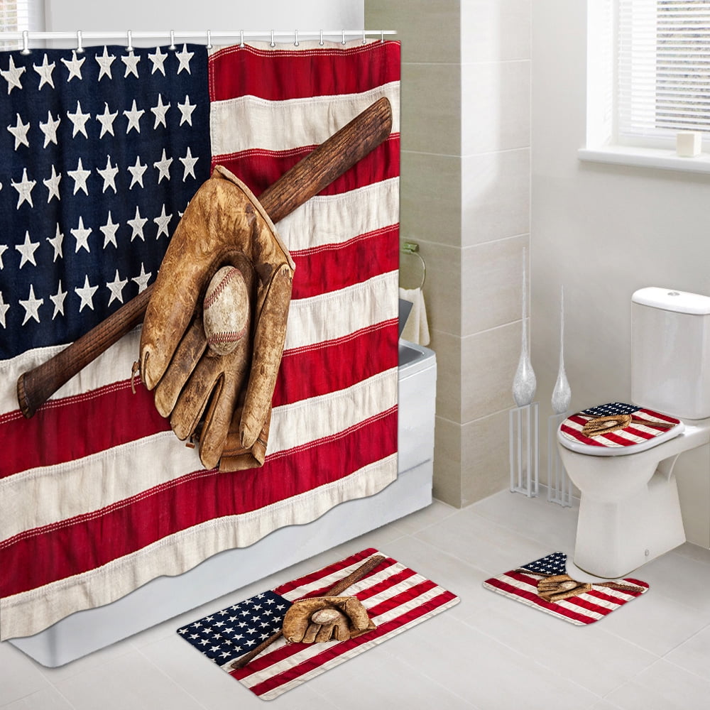Baseball Sports Shower Curtain Set with Hooks, Bathroom Sets with ...