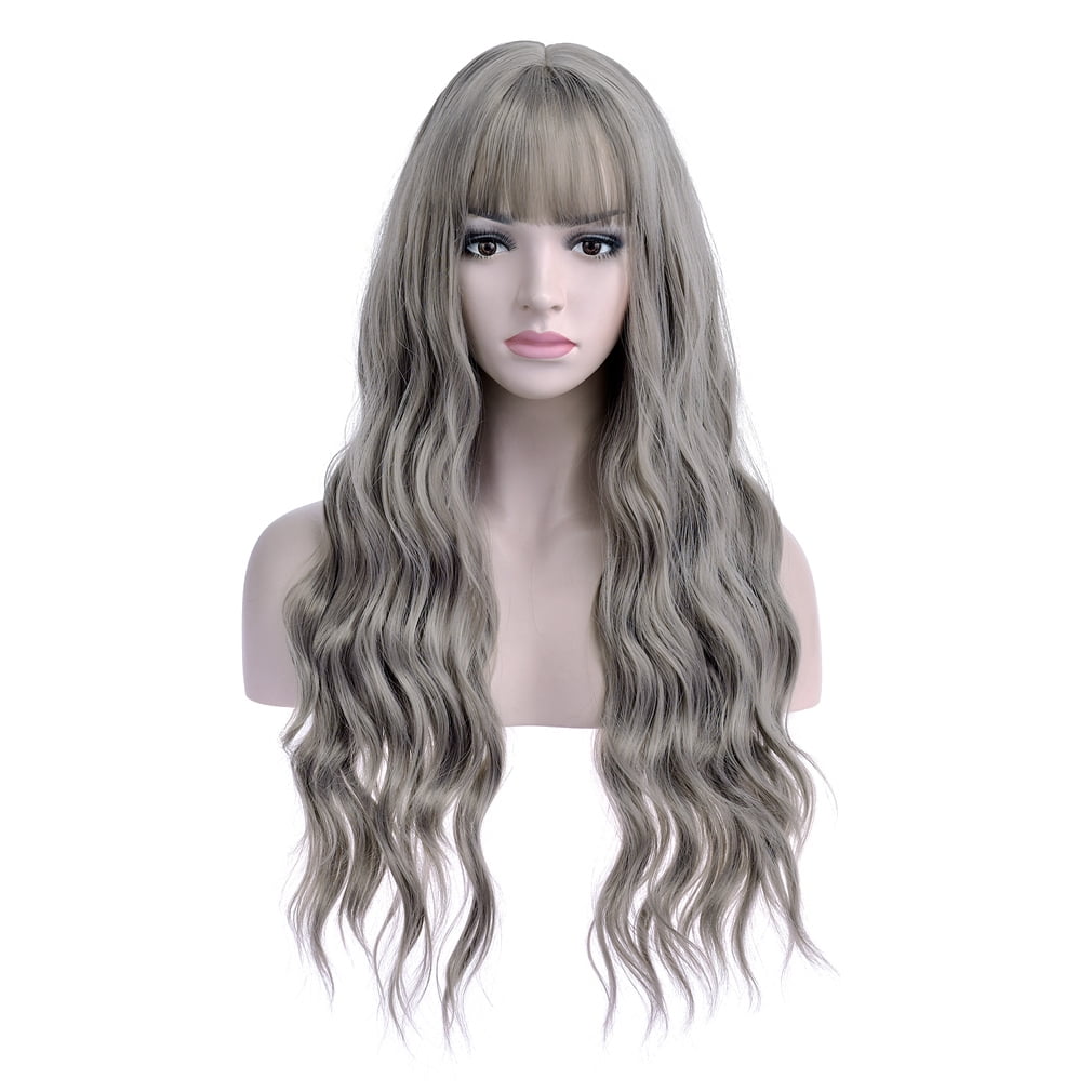 Beron Grey Wavy Wigs Women Long Wig With Bangs 28 Wavy Curly