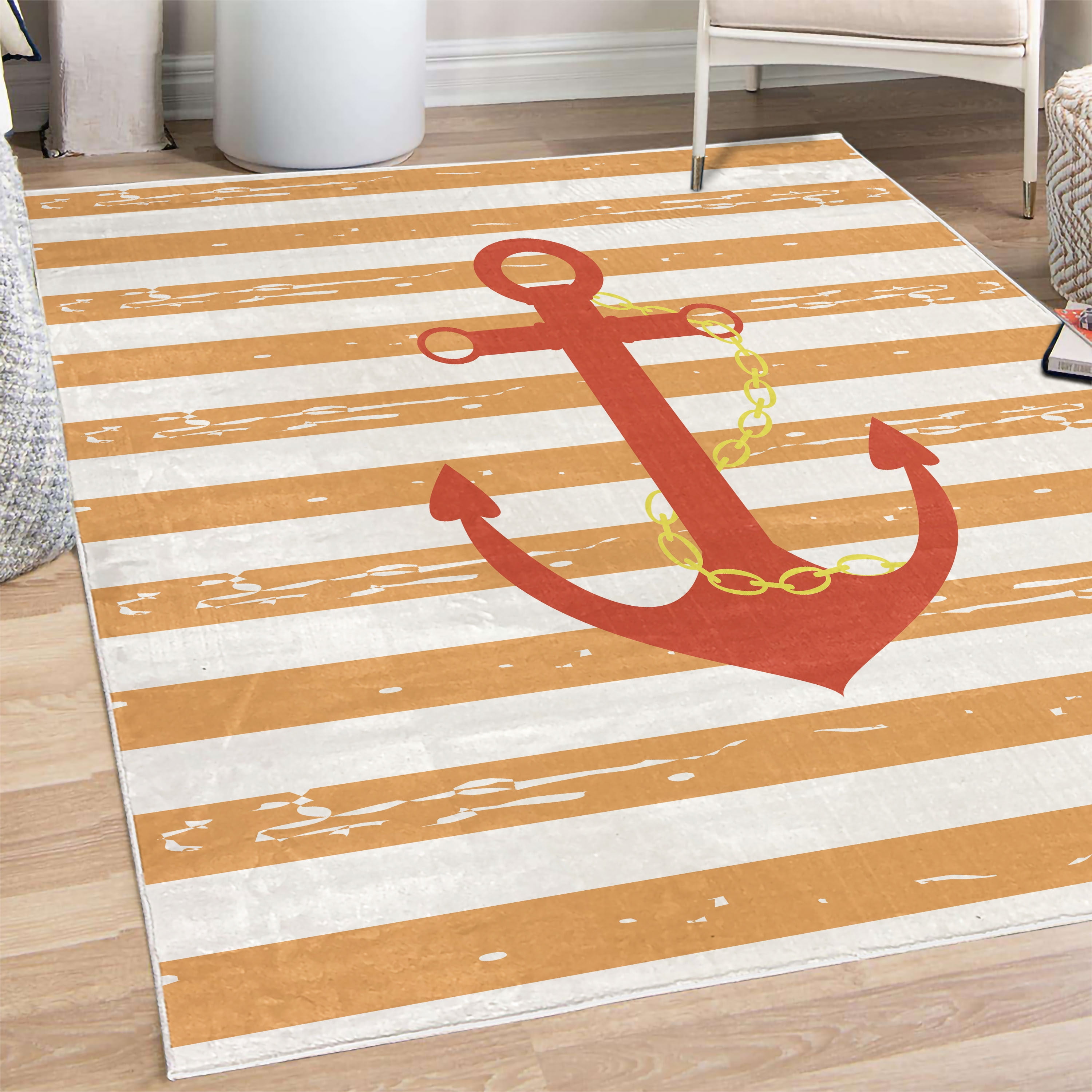 Striped Decorative Rug, Ship Anchor Chain Marine Life Inspired Lines ...