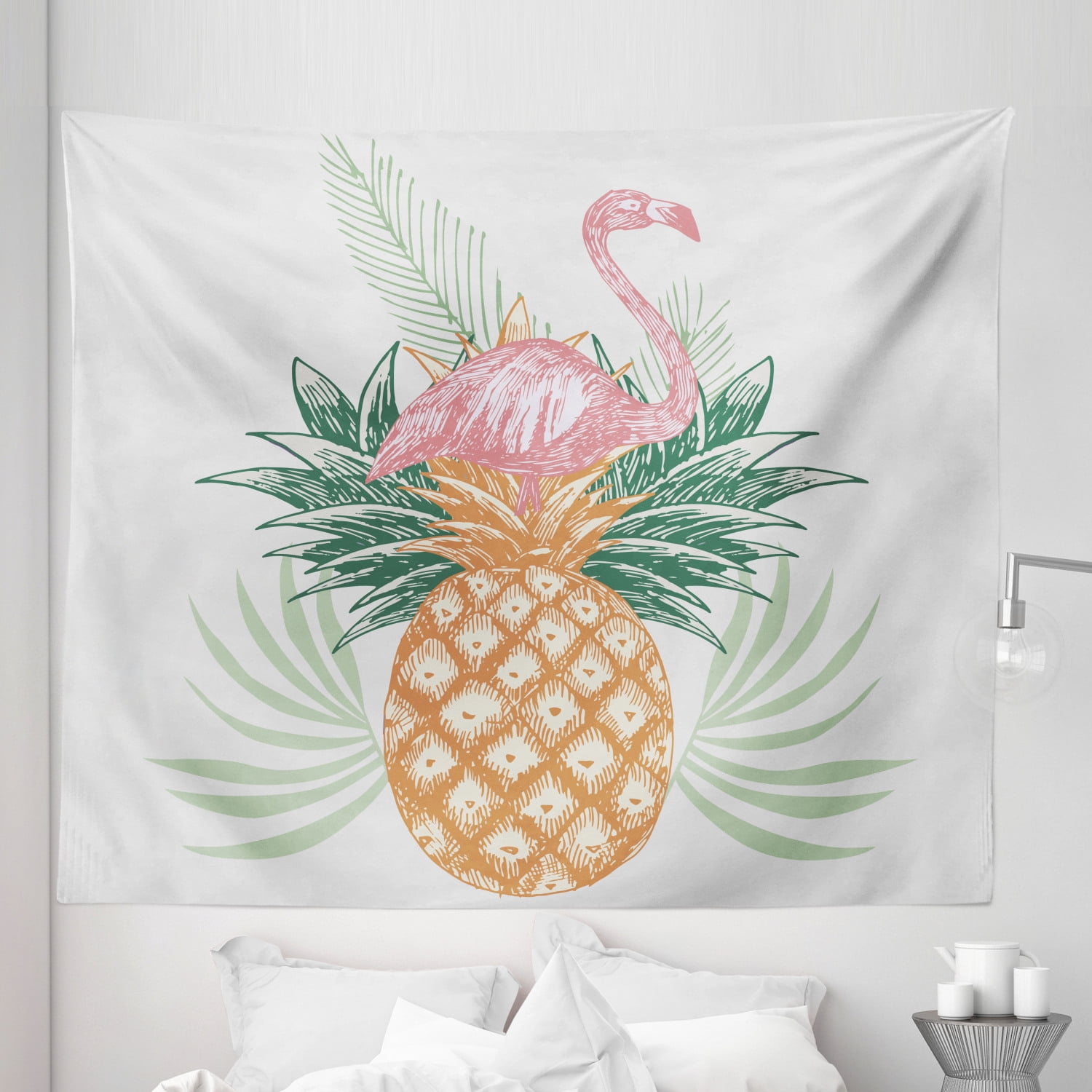 Flamingo Tapestry, Modern Hand Drawn Pineapple Summer Paradise Jungle ...