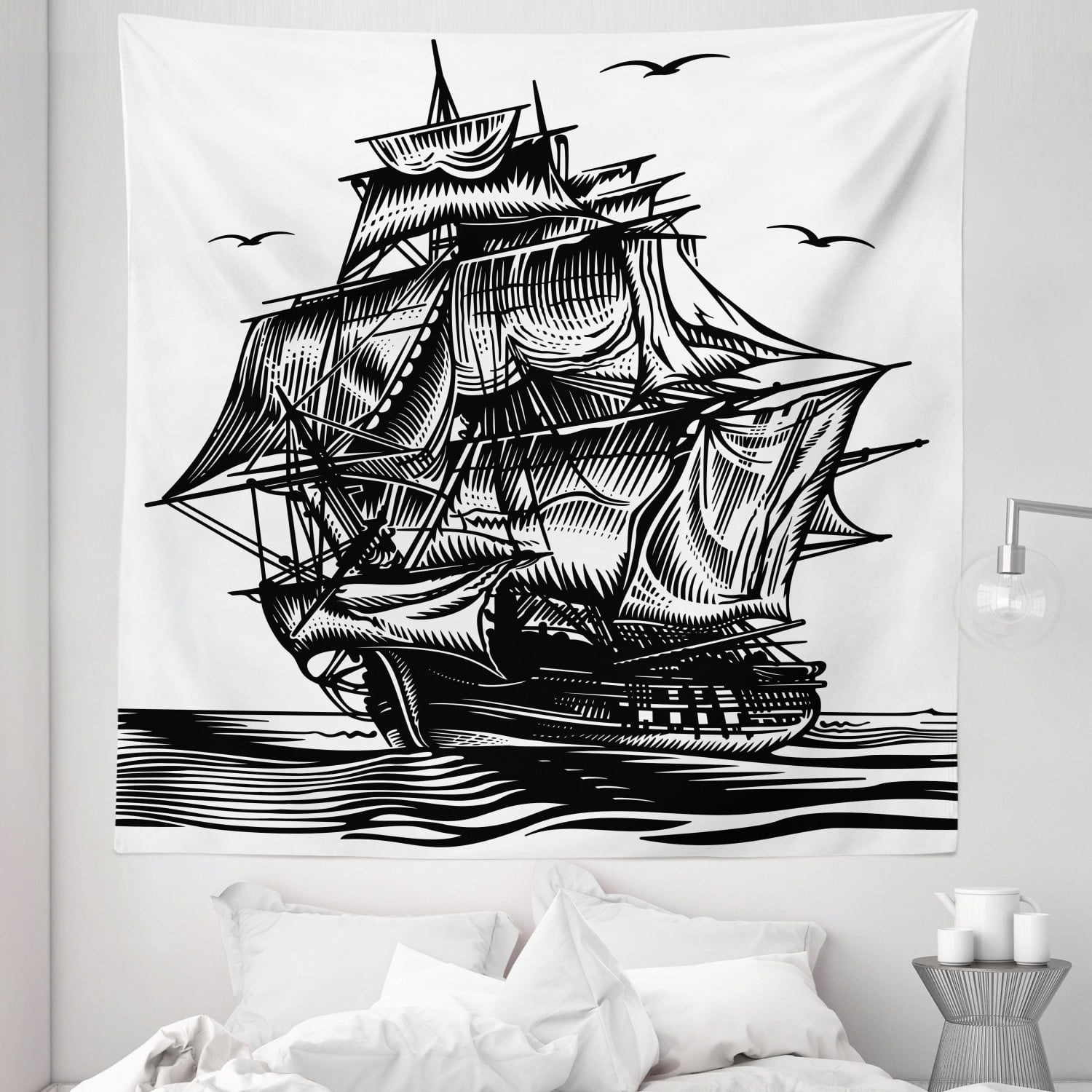 Pirate Ship Tapestry, Nautical Line Art Style Illustration with Vintage ...