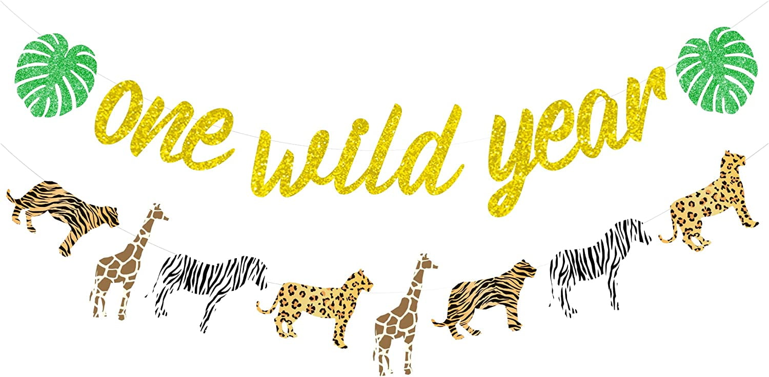 One Wild Year Banner Gold Glitter Animal Print Cheetah Garland, Jungle ...