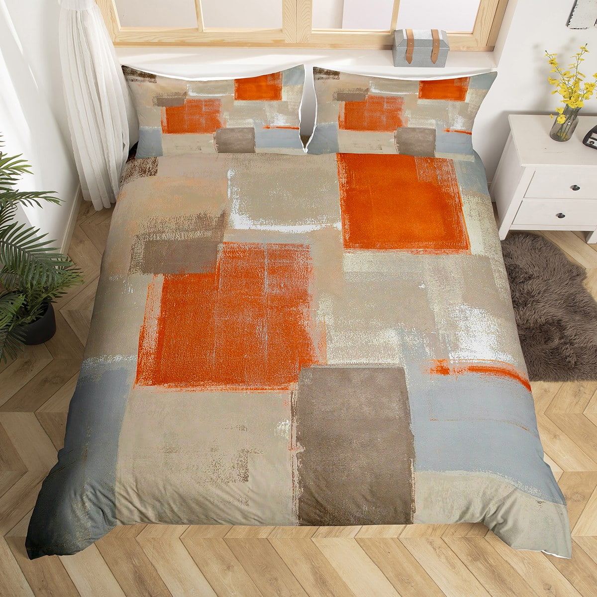 Brown Abstract Grunge Comforter Cover Watercolor Bed Set, Graffiti ...