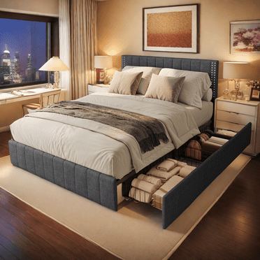 Allewie Full Size Bed Frame Upholstered Platform Bed with Adjustable ...