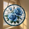 Blue Rose Floral Scene Glass Suncatcher Round Window Ornament, Graceful ...