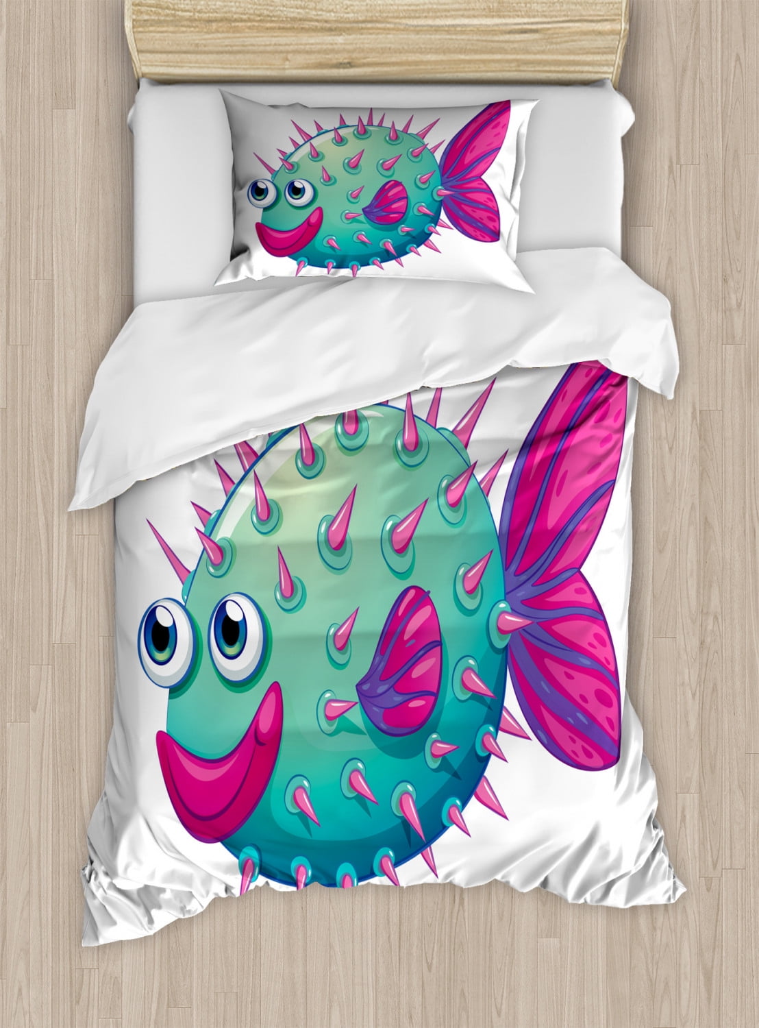 Fish Twin Size Duvet Cover Set, Cheerful Bubble Fish Illustrated in ...