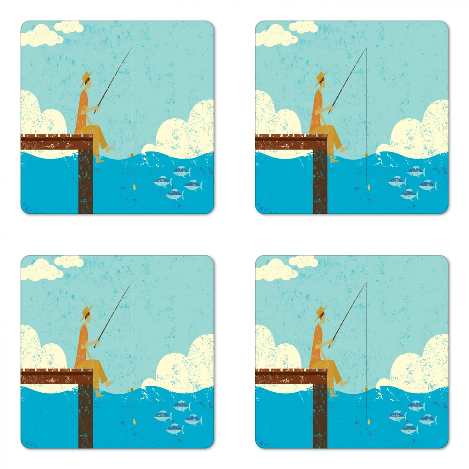 Fish Coaster Set of 4, Fishing Man with Rod Sitting on the Pier Little ...