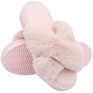 LORDFON Fluffy Open Toe Slippers for Women,Fuzzy Furry Cross Band Memory Foam Bedroom Plush ...