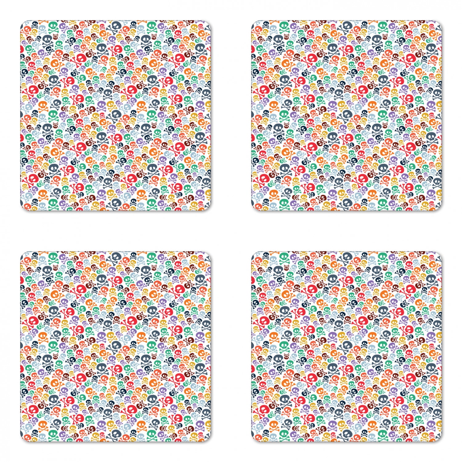 Skull Coaster Set of 4, Halloween Themed Colorful Skulls and Crossbones ...