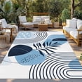 Blue Boho Outdoor Rug, Medieval Leaves Geometric Lines Abstract Non ...