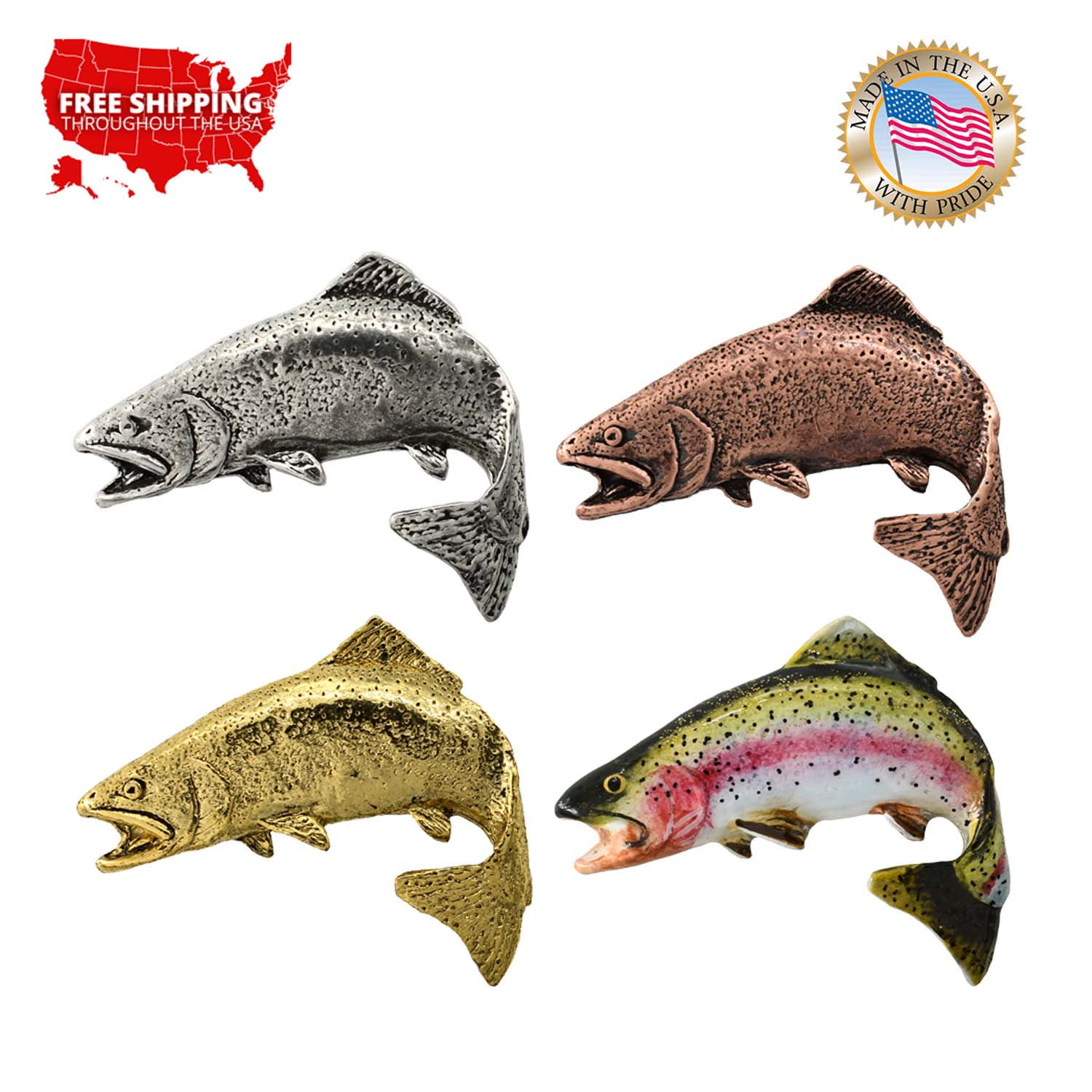 Rainbow Trout Leaping, Gold Plated. Fish, Fishing, Hat, Lapel, Pin ...