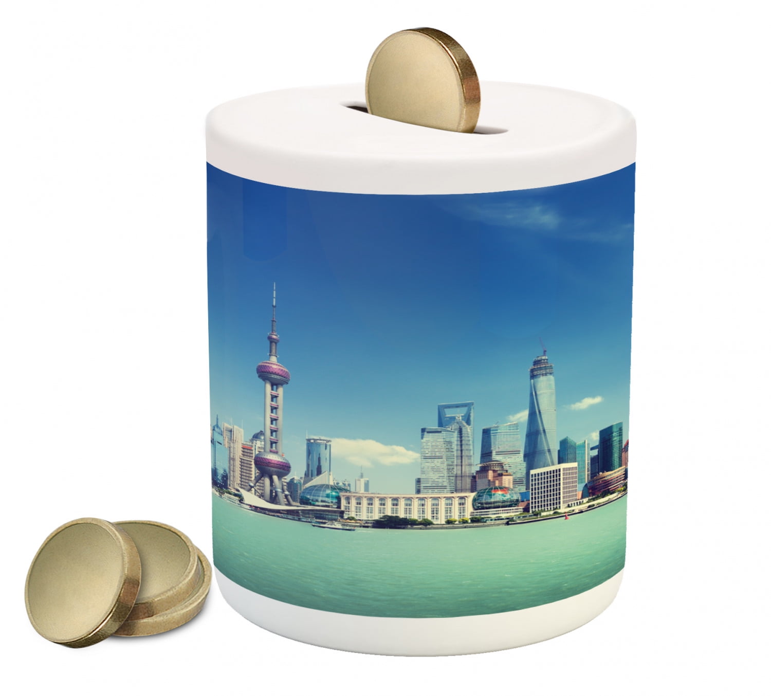 China Cityscape Piggy Bank, Shanghai Skyline Pudong River Scene ...