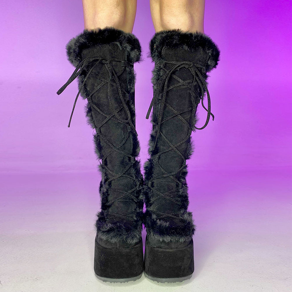 Sarairis Gothic Black Furry Winter Faux Fur Boots Chunky Platform Block Heels Knee High Boots