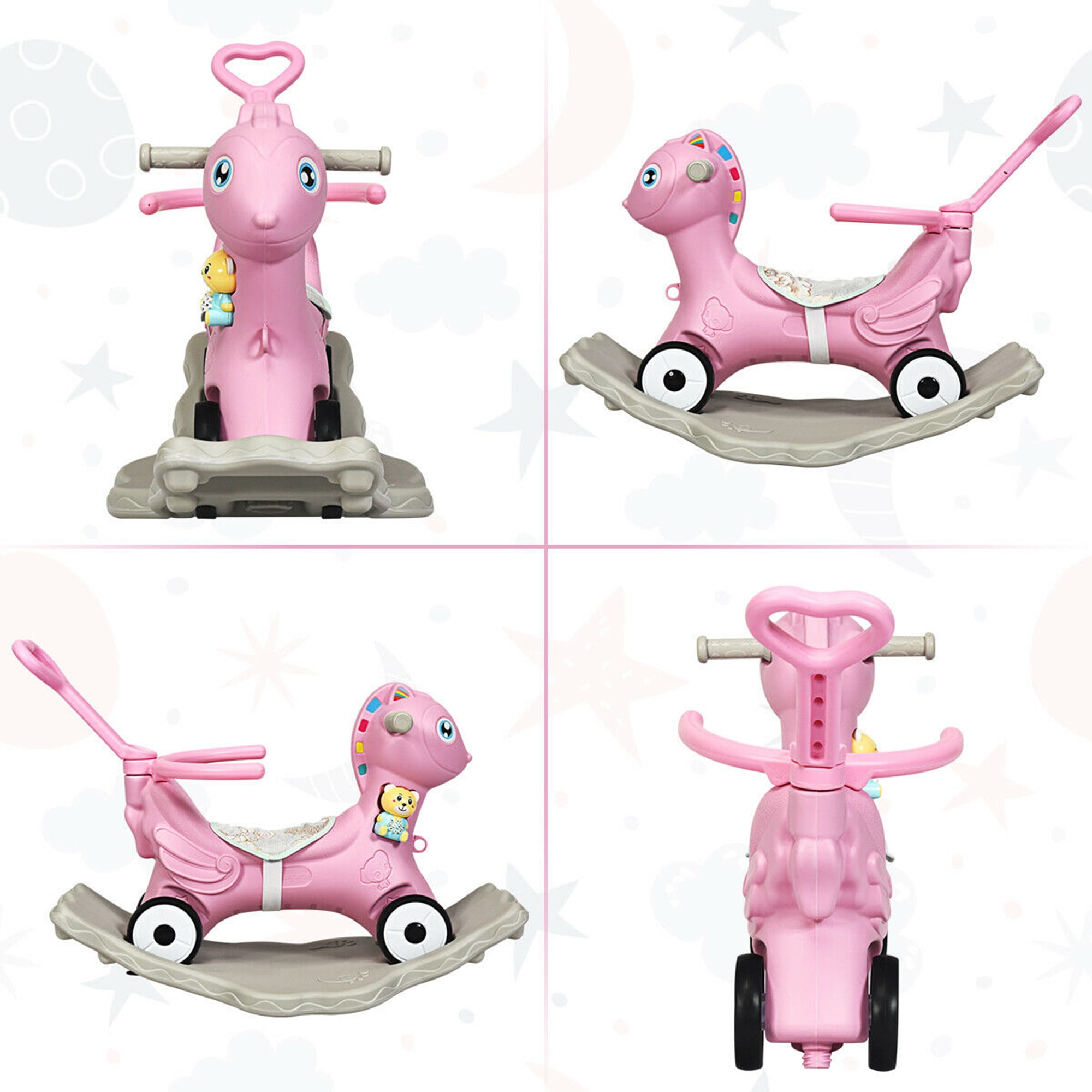 GYMAX Baby Rocking Horse 4 In 1 Kids Ride On Toy Push Car W Music Indoor Outdoor Gift