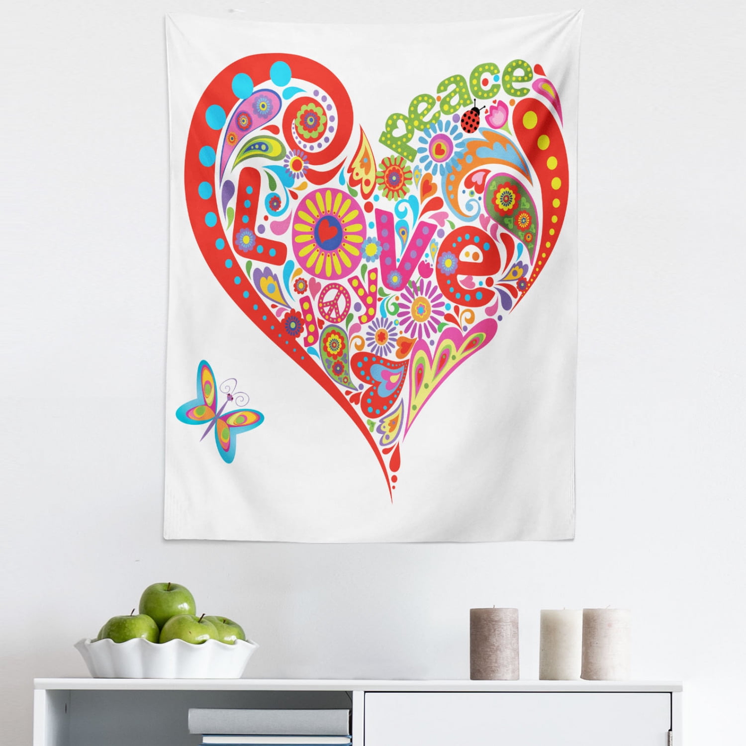 Hippie Tapestry, Hippie Heart Shape Colorful Flowers Butterfly ...