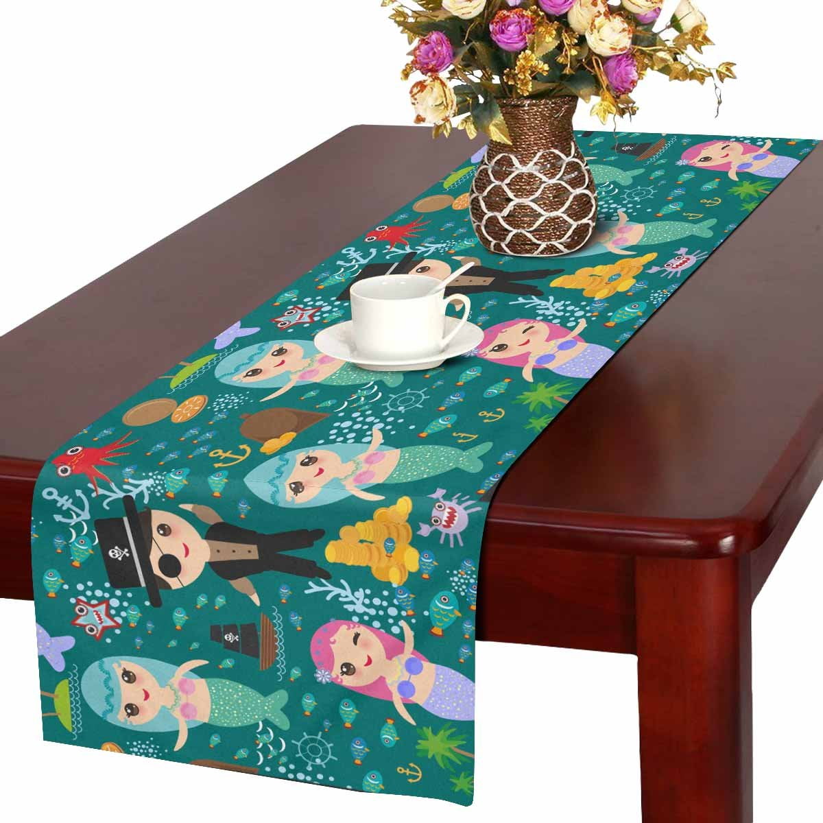 MKHERT Underwater World Table Runner, Cute Cartoon Mermaid Table Cloth ...