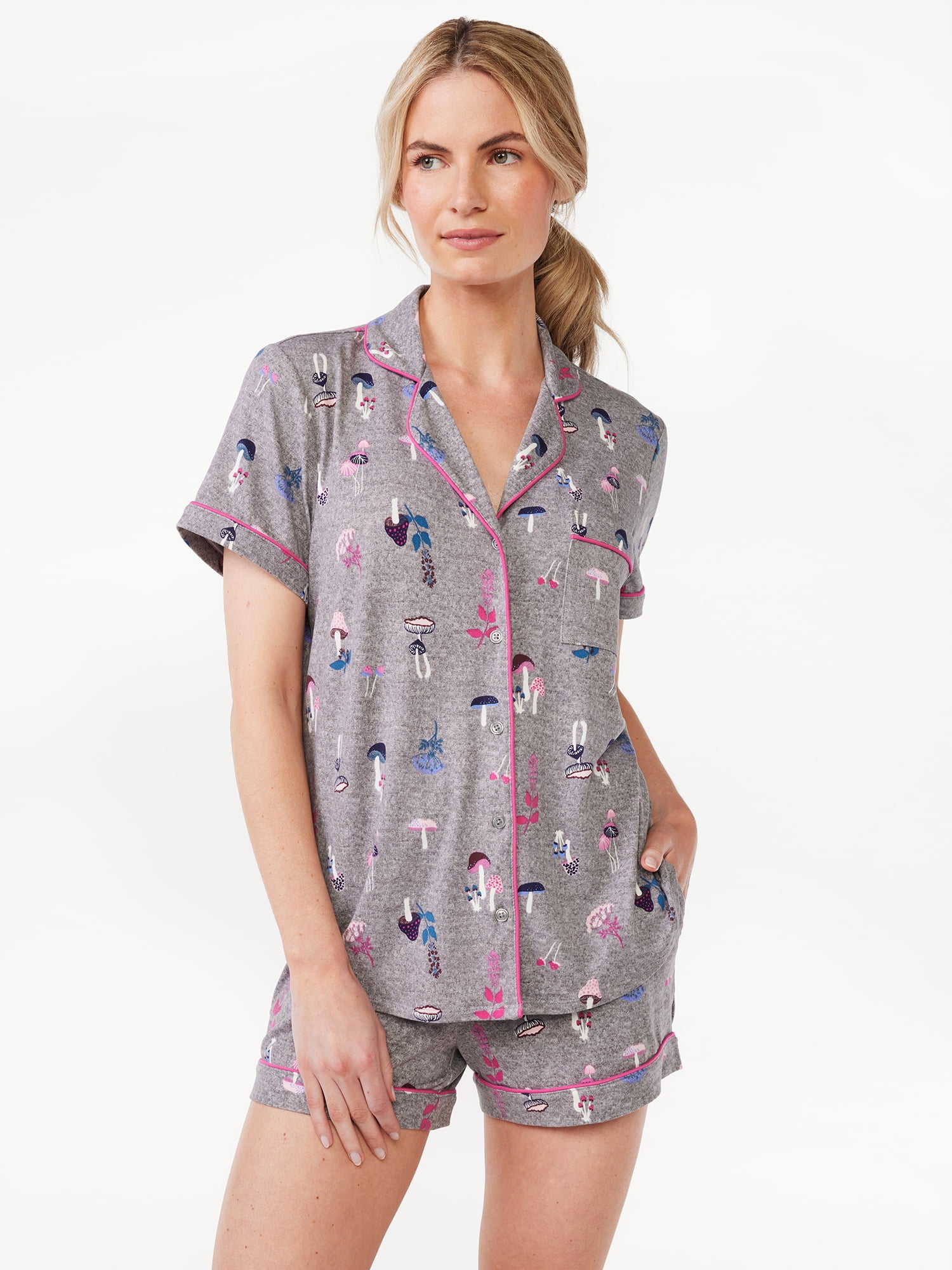 Joyspun Women's Print Notch Collar Top and Shorts Pajama Set, 2-Piece ...