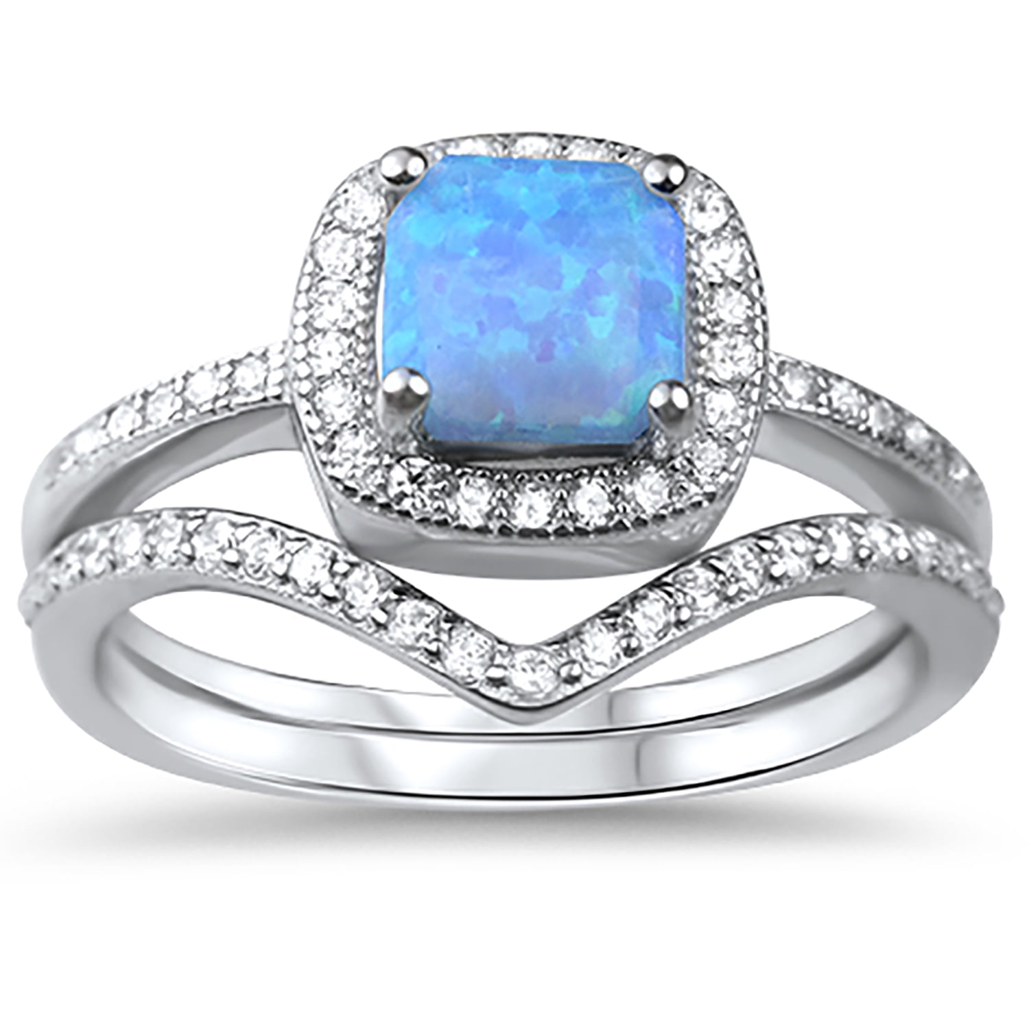 1 Carat Blue Lab Opal Wedding Ring Set Platinum Plated Sterling Silver ...