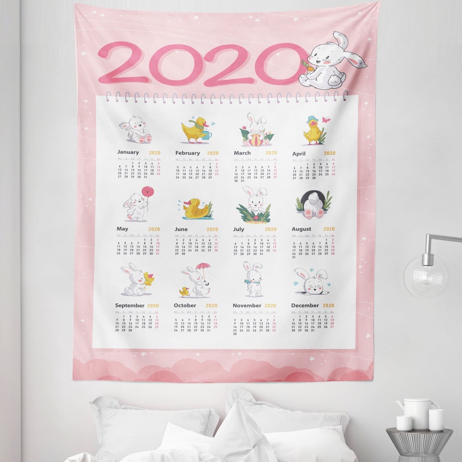 Calendar 2020 Tapestry, Funny Year Design Bunnies and Ducks Cartoon ...