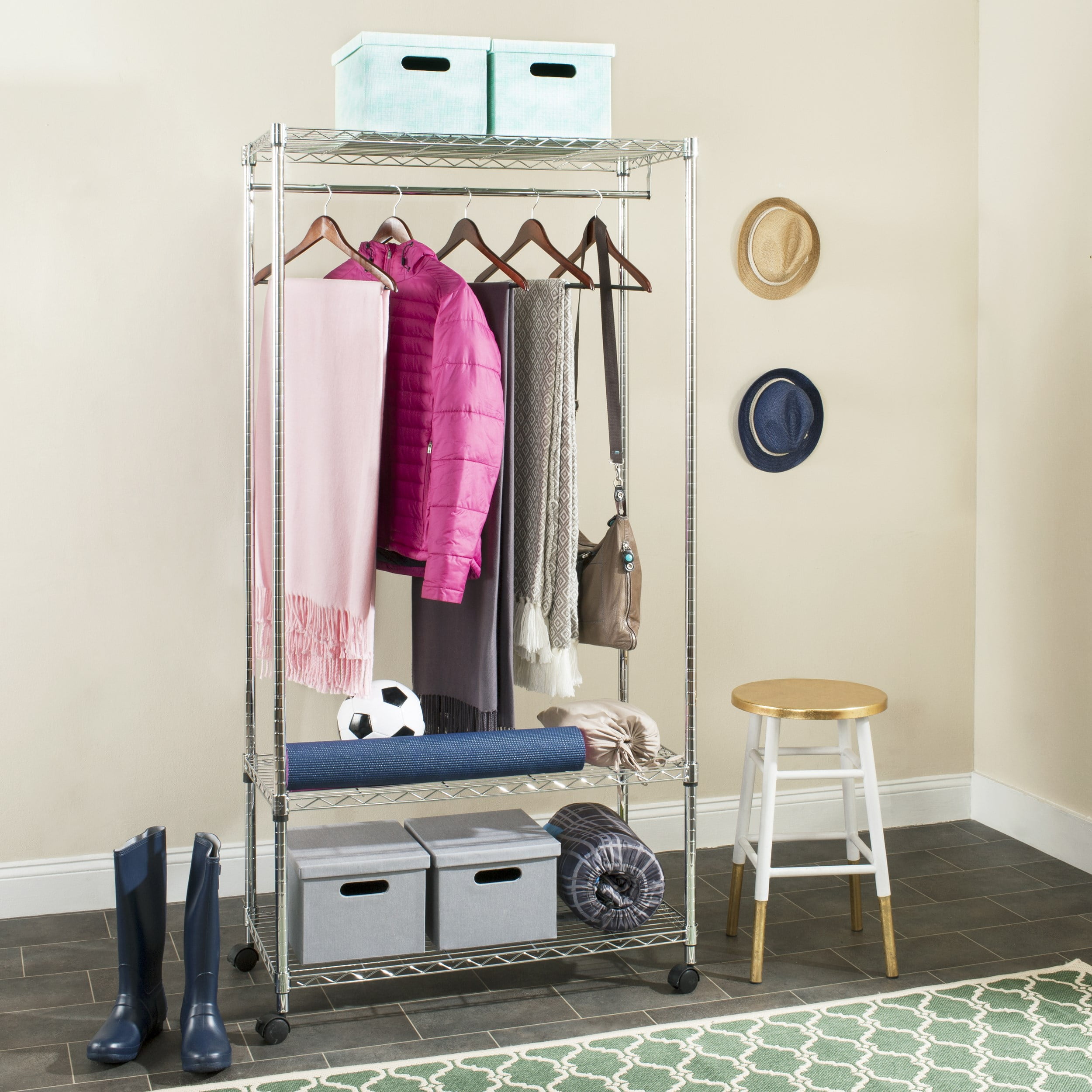 Safavieh Gordon Glam Chrome Wire 3 Tier Garment Rack with Casters ...
