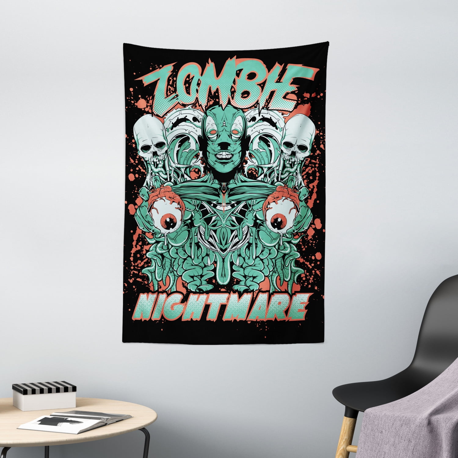 Zombie Decor Tapestry, Nightmare Retro with Skulls Ghost Characters ...