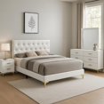 Dle 4 Piece Queen Bedroom Set-White Faux Leather-Modern Gold Accents ...