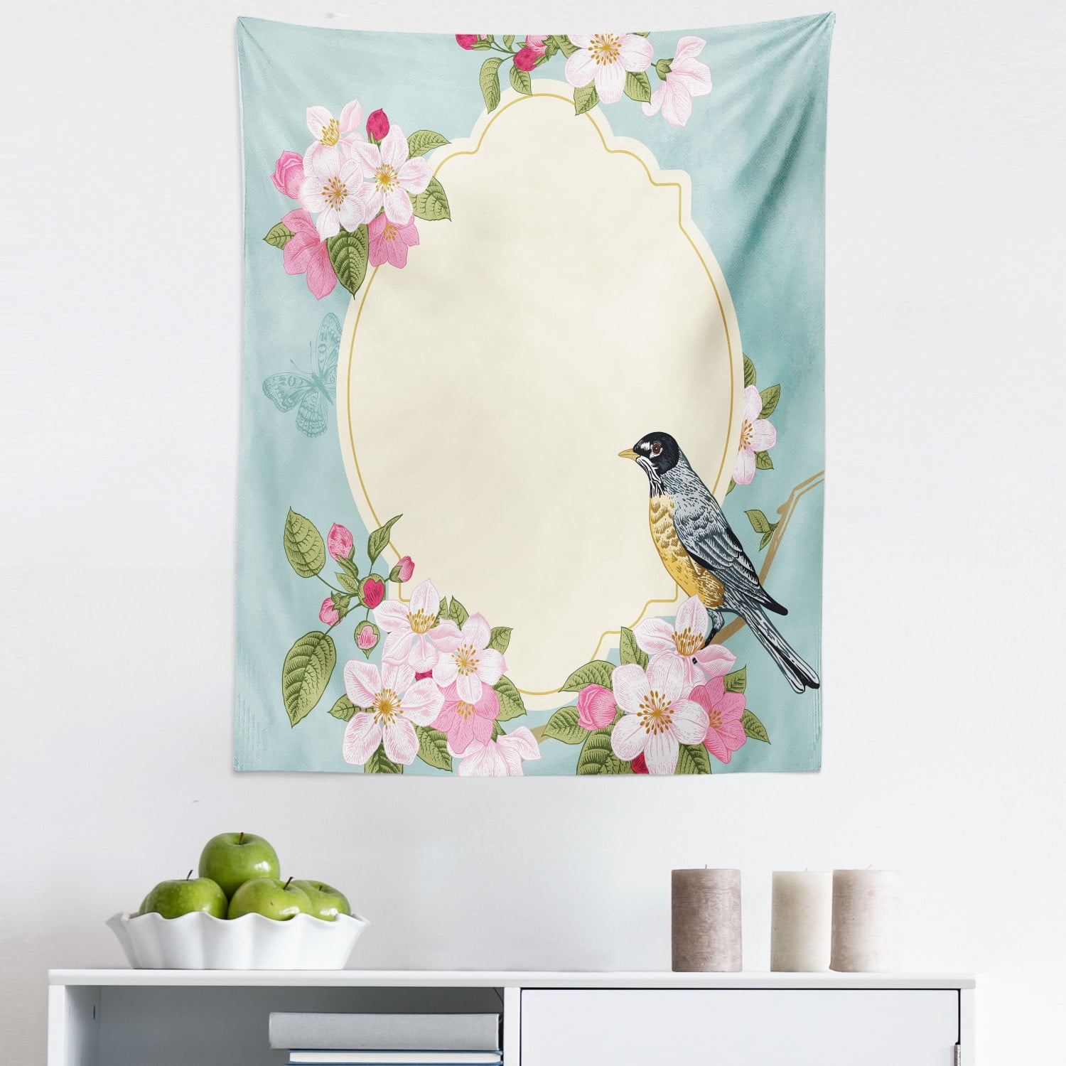 Spring Tapestry, Vintage Floral Design Pink Apple Blossom Branches and ...