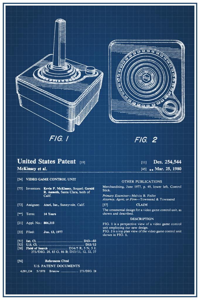 Joystick Video Game Gaming Official Patent Blueprint Thick Paper Sign ...