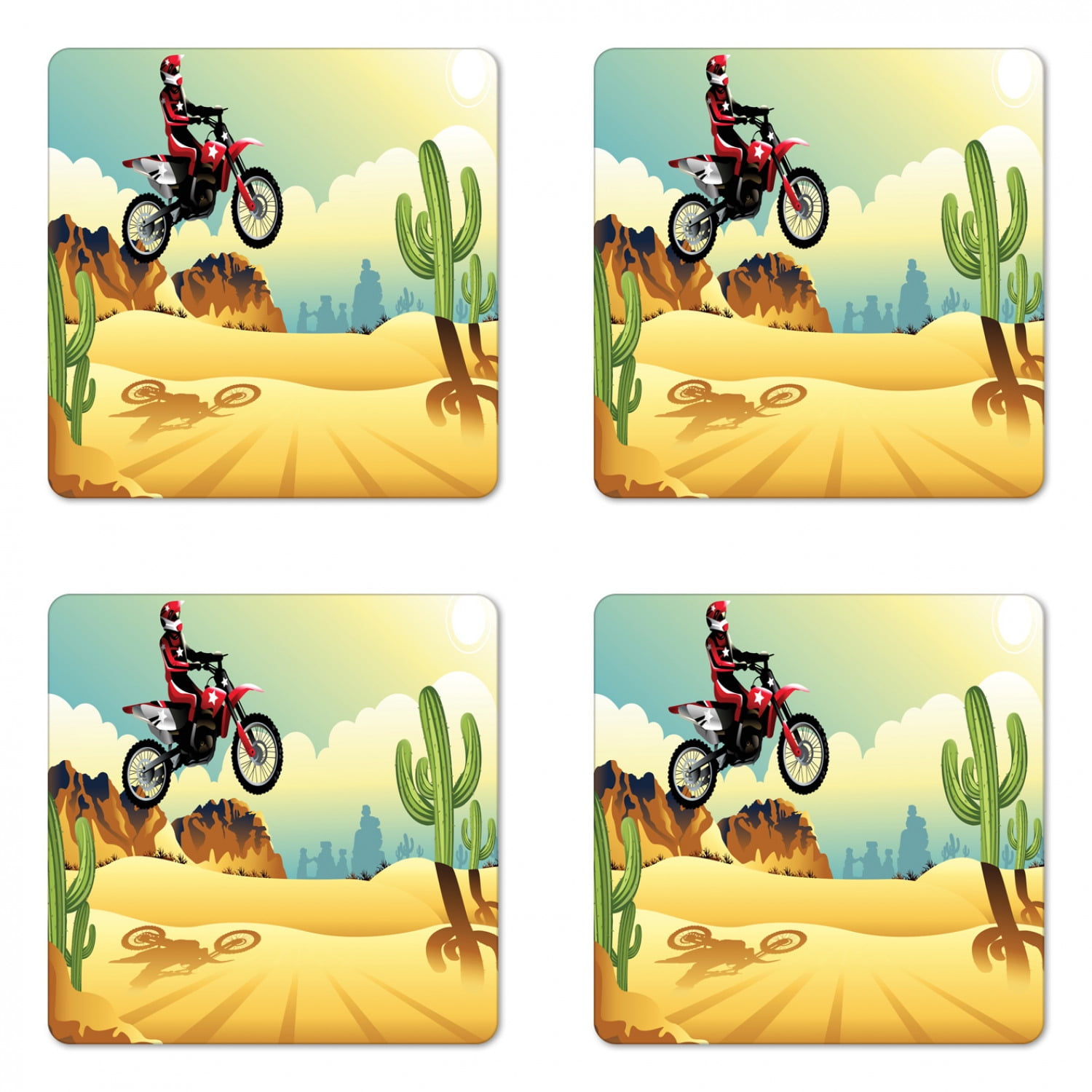 Motorcycle Coaster Set of 4, Landscape Desert Scene of Cactus Sand and ...