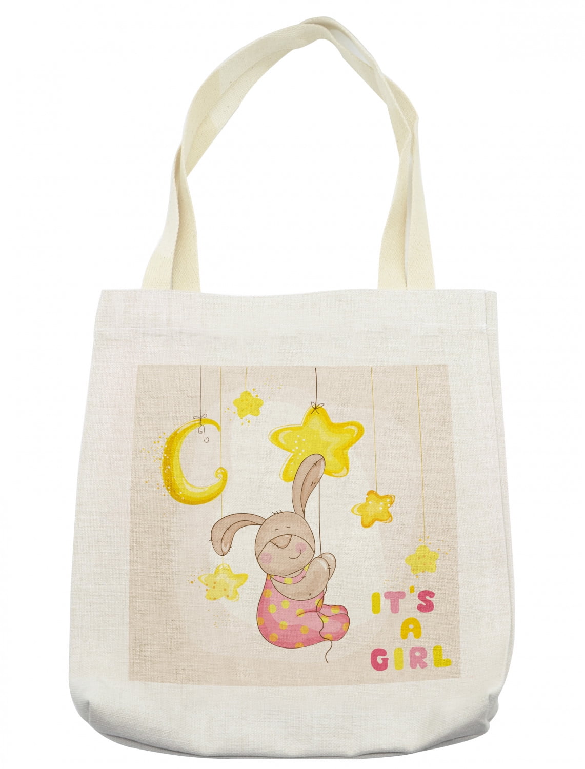 Moon Tote Bag, Cartoon Like Baby Bunny Hanging Stars and Moon Polka ...