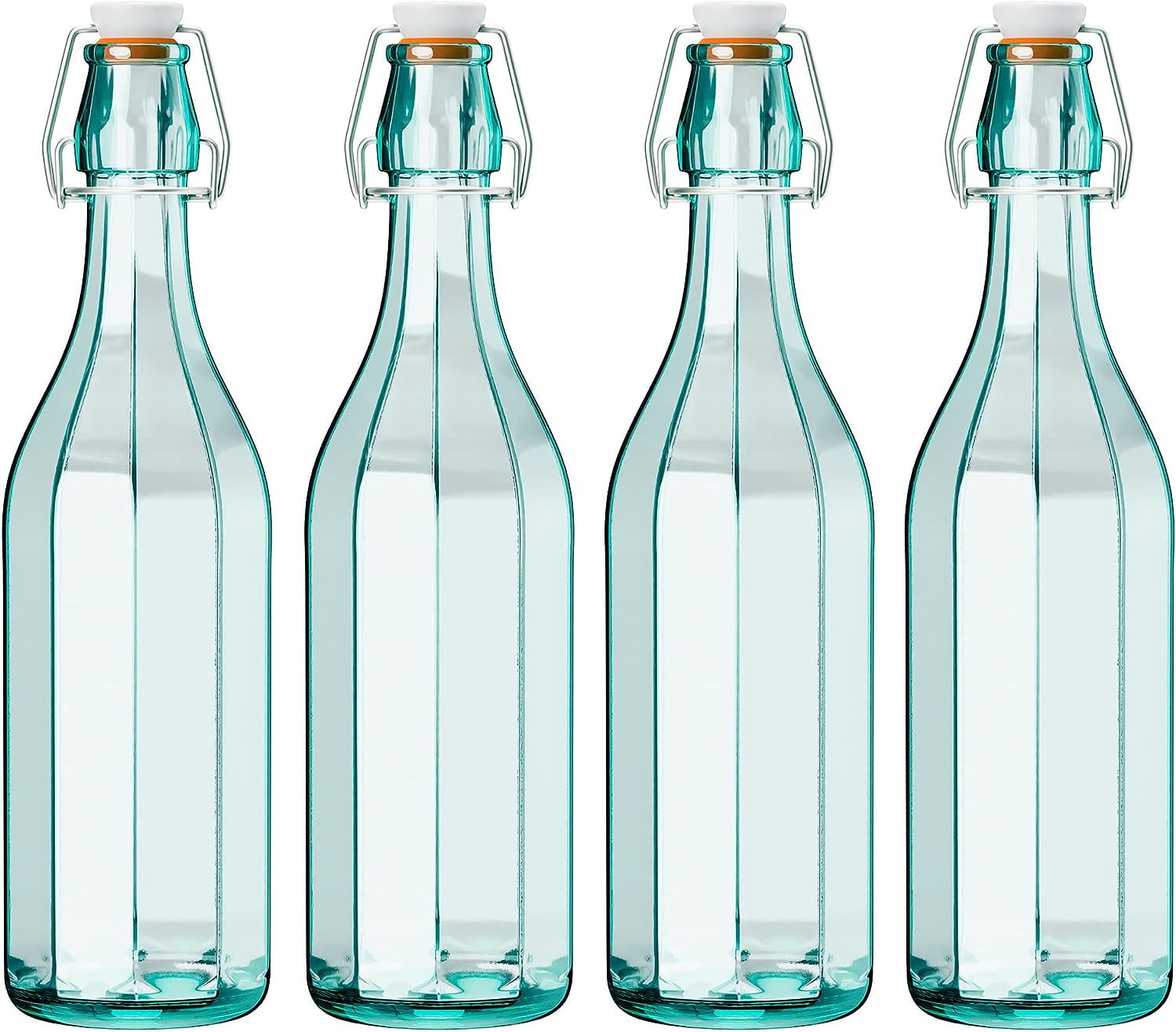 Amici Home Faceted Hermetic Set of 4 Glass Bottles, Flip Top Glass Bottle with Airtight Cap, 17 ...