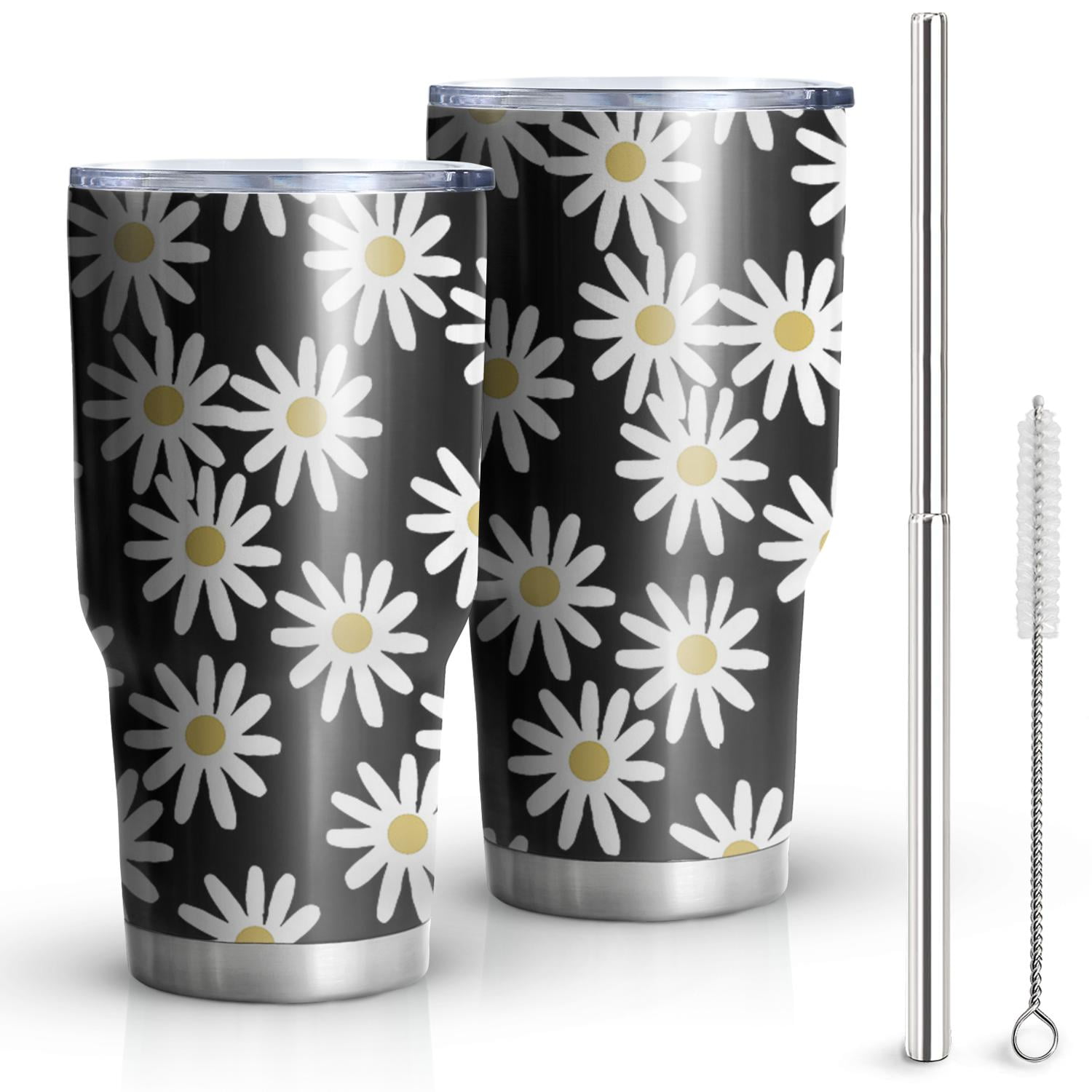 Daisy Floral Tumbler with Lid and Straw Stainless Steel 30oz Daisy ...