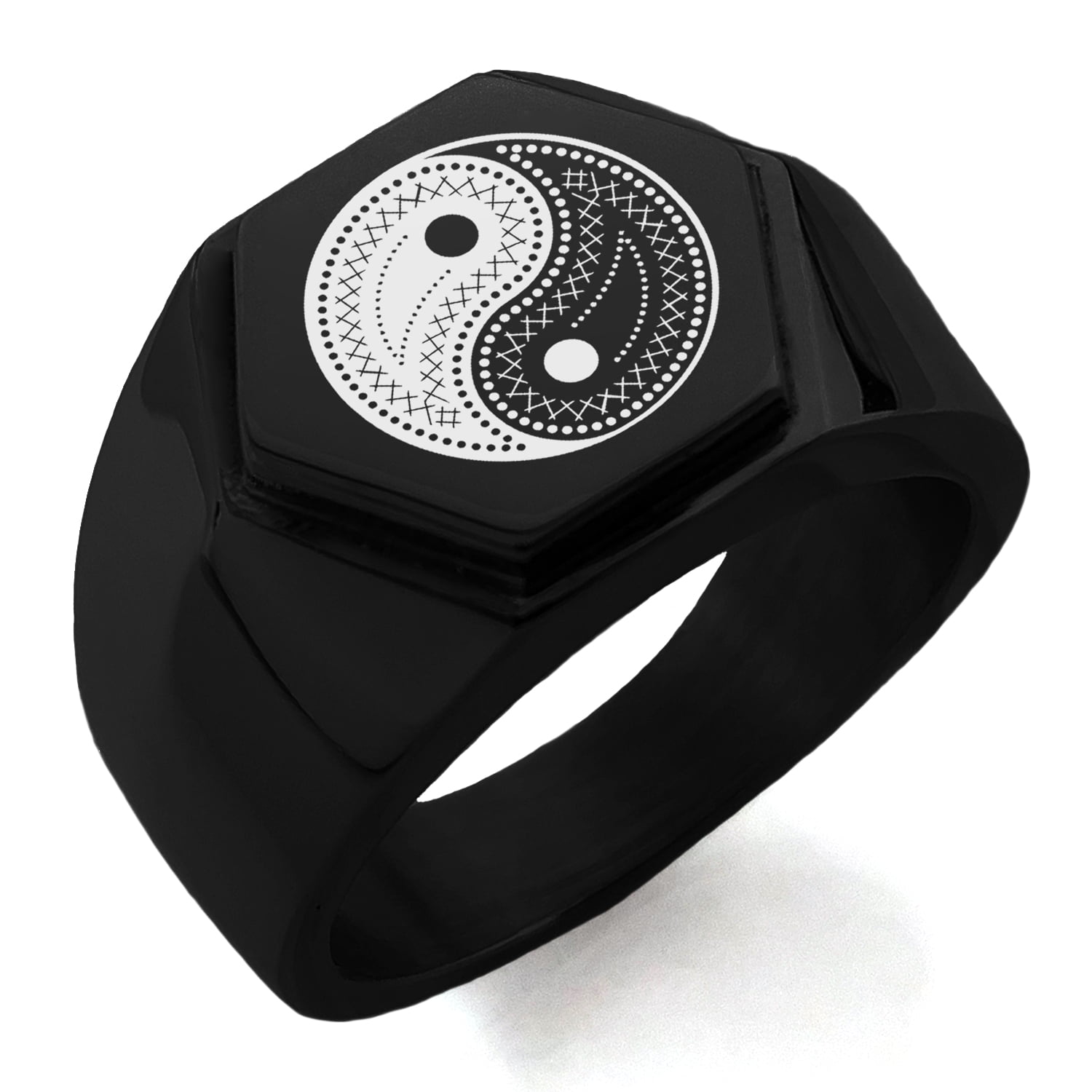 Stainless Steel Paisley Yin Yang Engraved Hexagon Crest Flat Top Biker ...