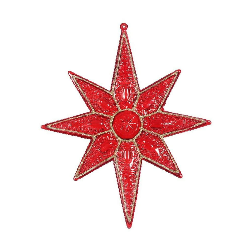 6PK - 7" Red Sculpted 8 Point Star Shatterproof w/ Glitter Christmas ...