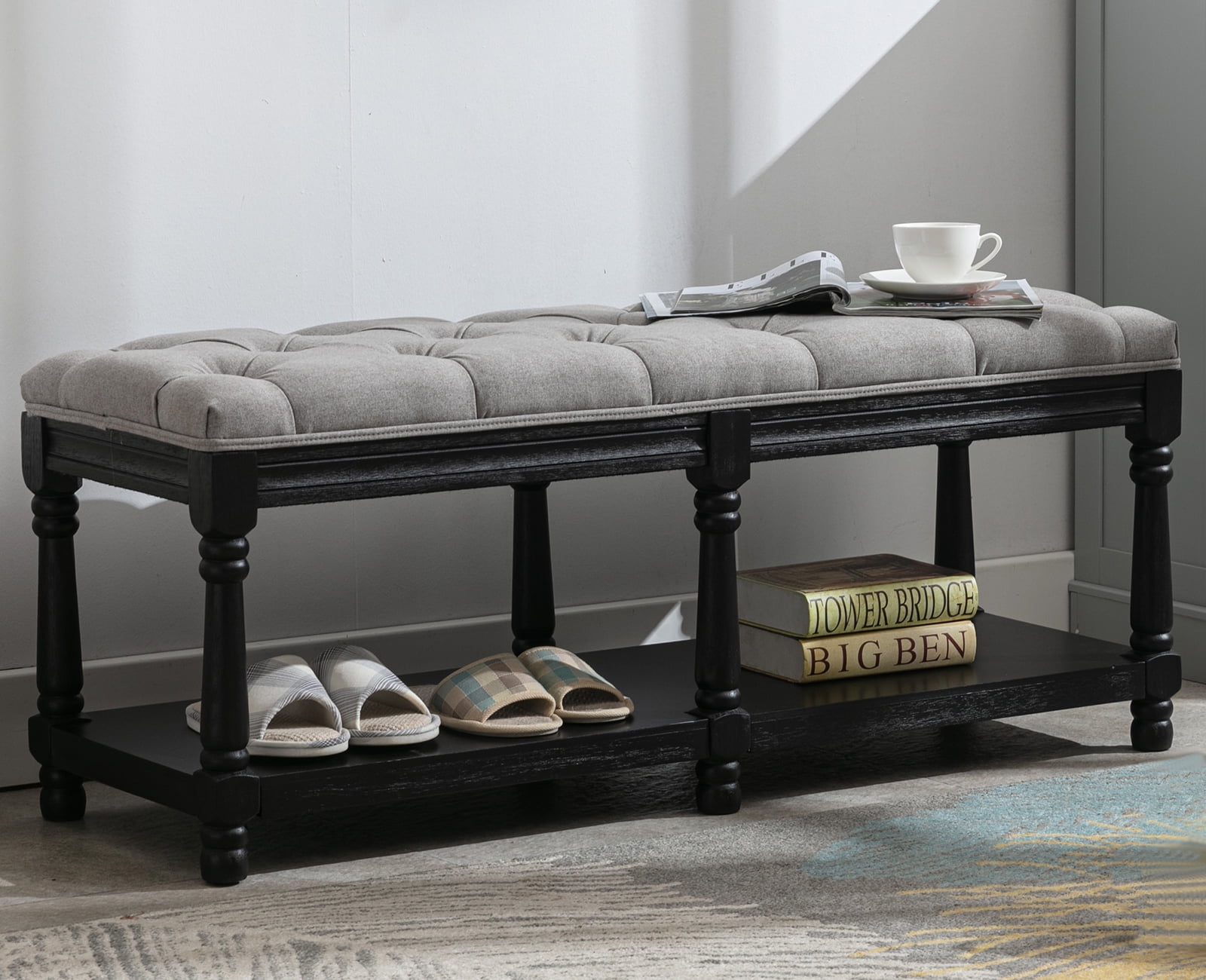 Mid-century Tufted Grey Bench, Linen Upholstered 45.5 Inch Entry Shoe ...