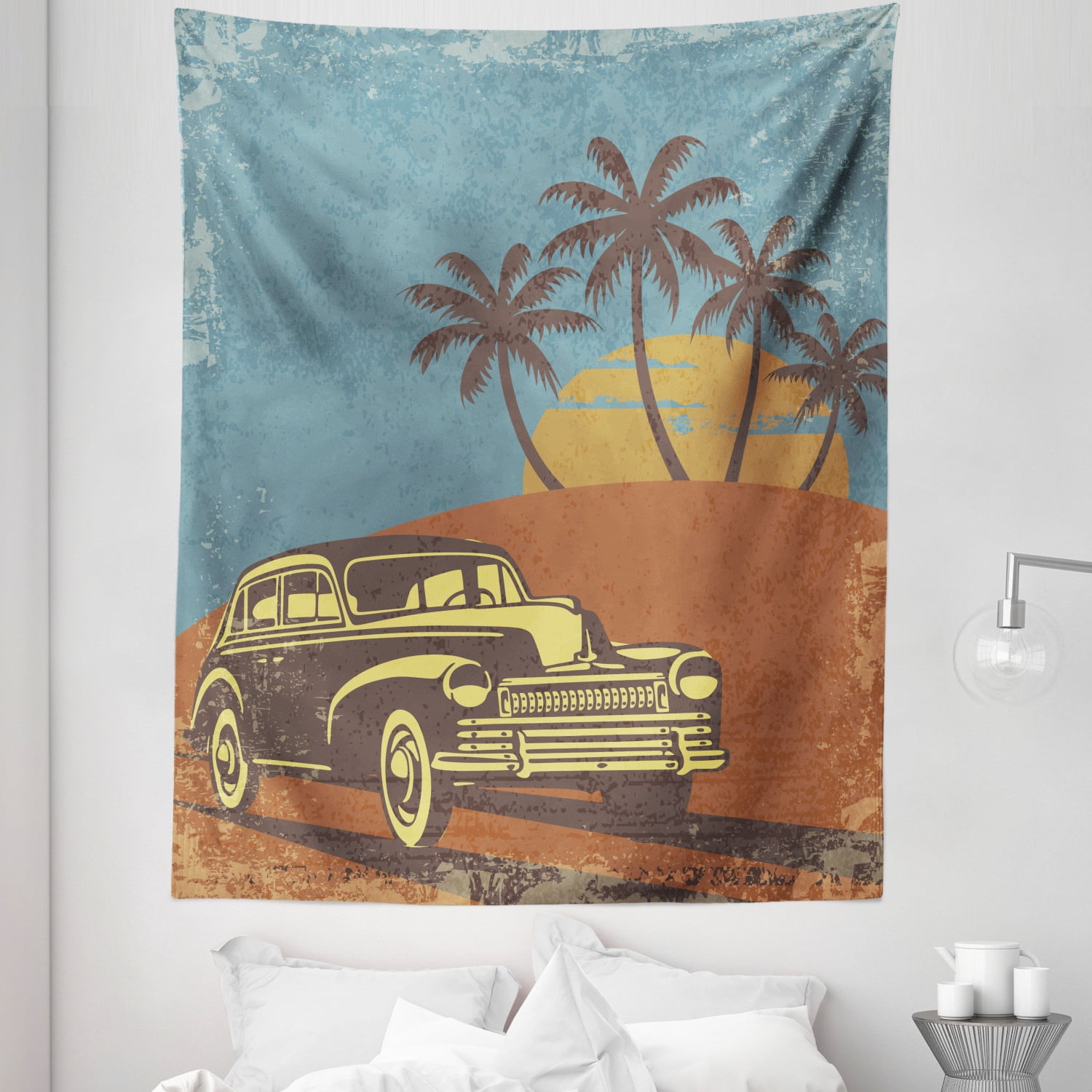 Cars Tapestry, Vintage Car on the Beach with Palm Trees at Sunset ...