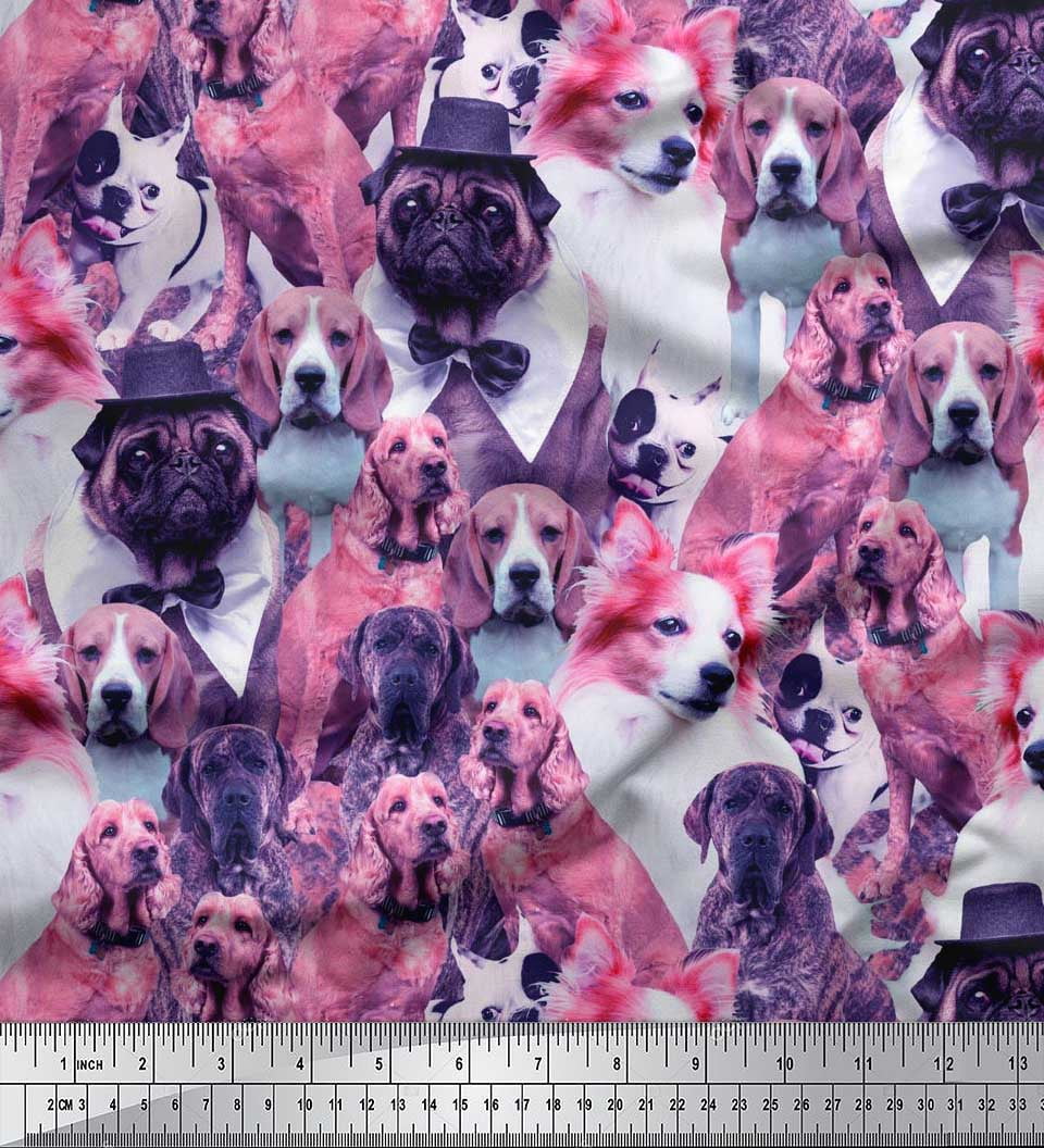 Soimoi Satin Silk Fabric Pug,Beagle & English Cocker Spaniel Dog Scene ...