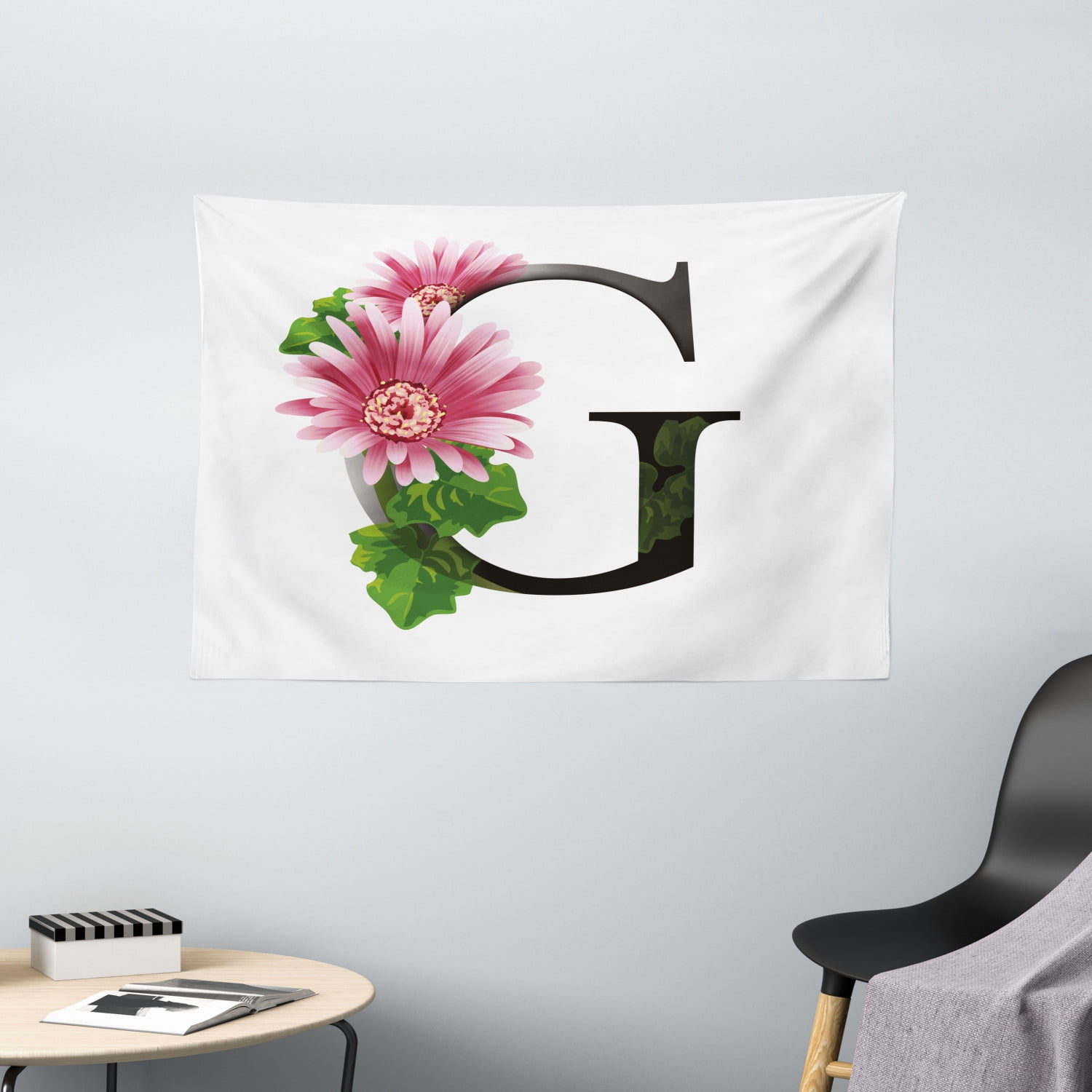 Letter G Tapestry, Alphabet Letter with Blossoming Gerbera Flower and G ...