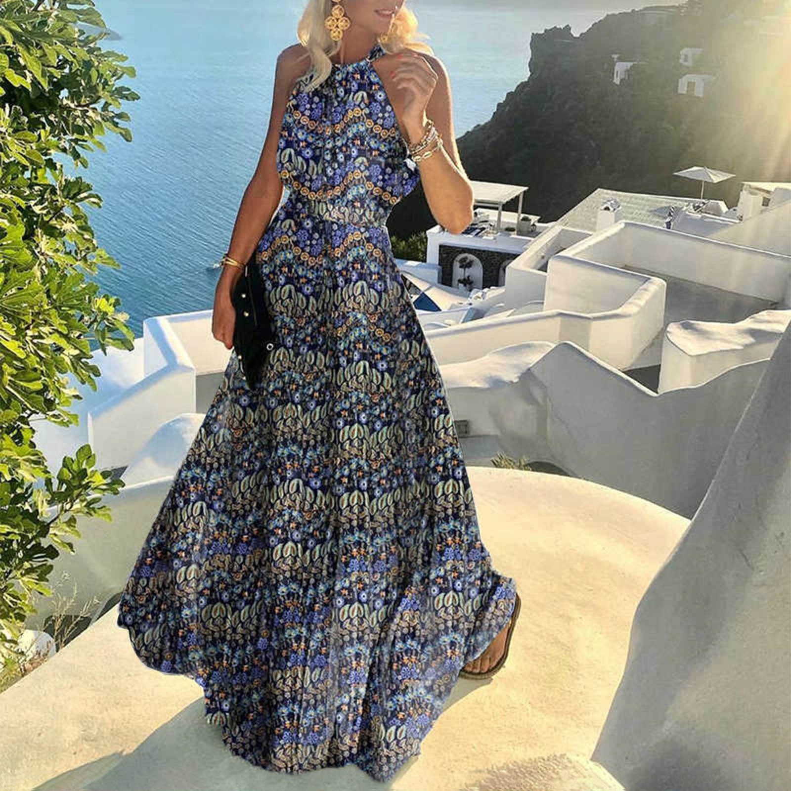 YanHoo Women's Boho Beach Dresses Zip Halter Neck Sleeveless Pleated ...