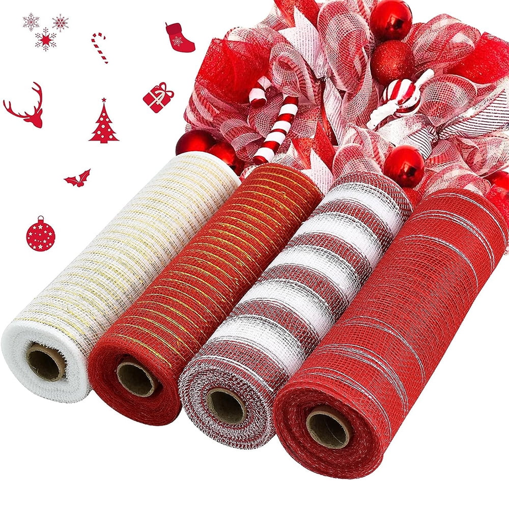 10 Inch Deco Mesh Ribbons 4 Rolls Red/White Stripe Fabric Mesh Roll ...