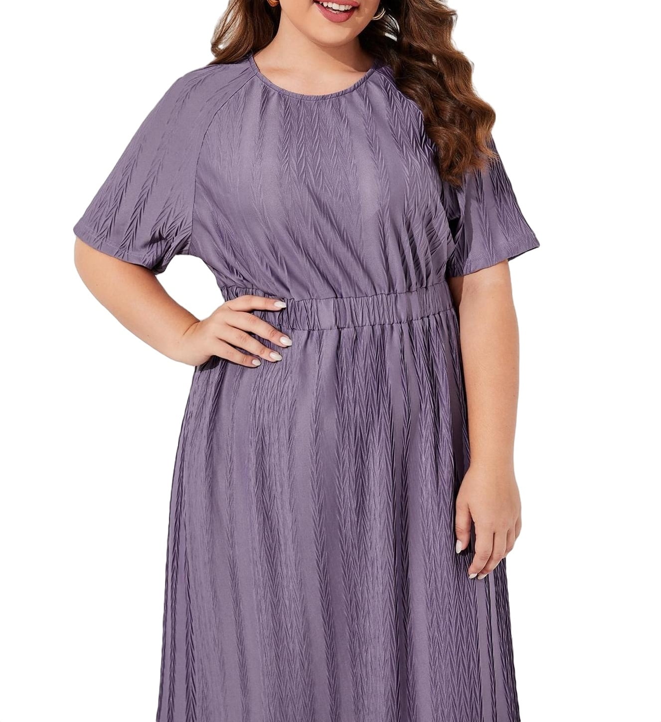 Women's Casual Plain Purple Round Neck A Line Short Sleeve Plus Size ...